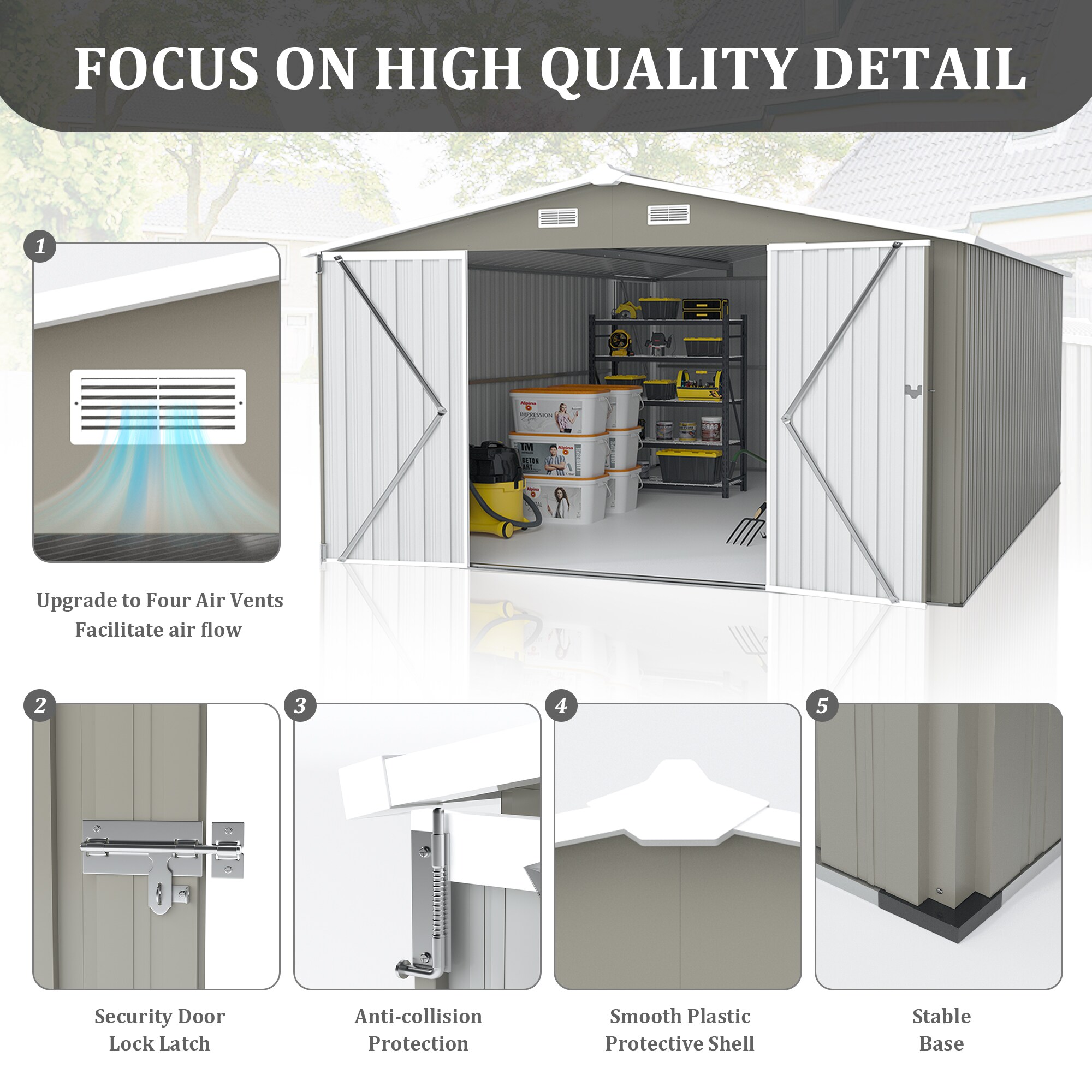 LUXEYARD Outdoor Storage Shed 10x14 FT with 3 Lockable Doors 4 Air ...