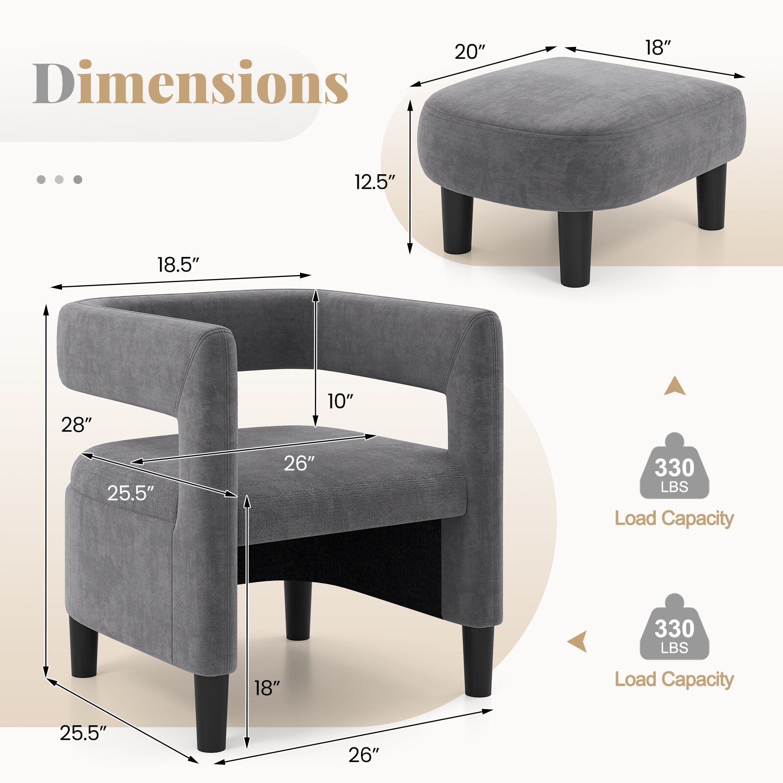 Slickblue Open Back Chair with Ottoman - Velvet Dark Gray Living Room ...