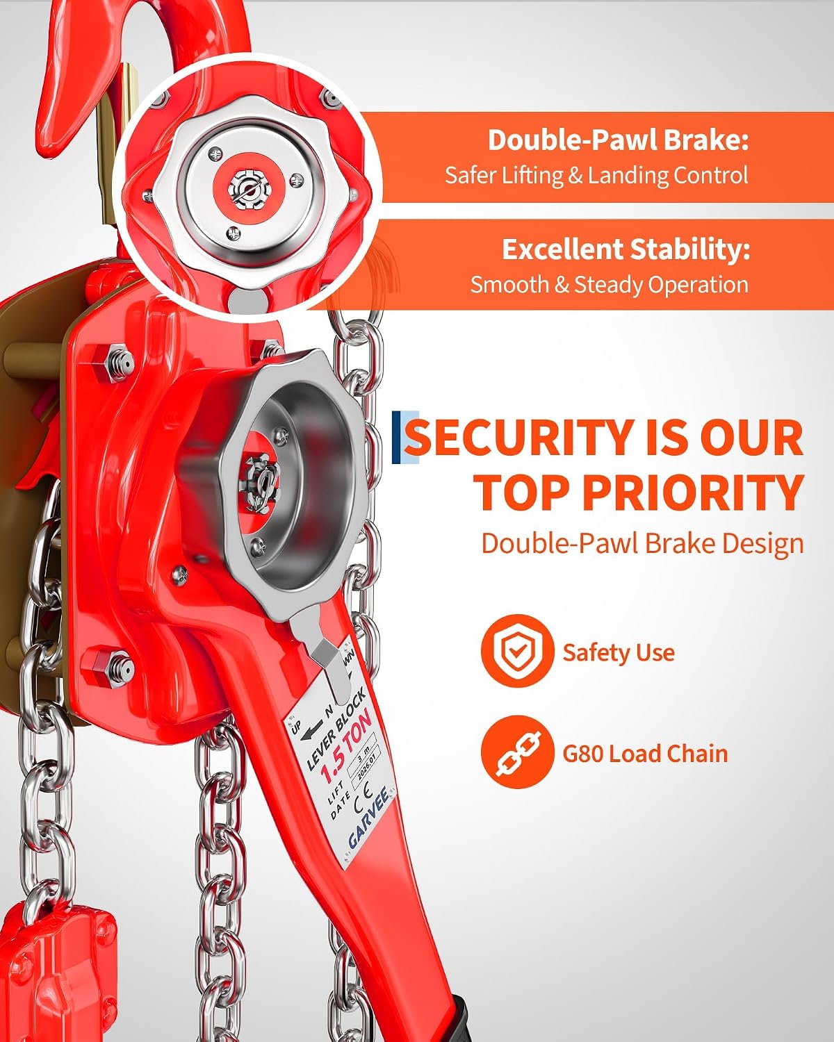 GAOMON Red Manual Lever Chain Hoist 1.5 Ton 3300 Lbs Capacity 20 Ft ...