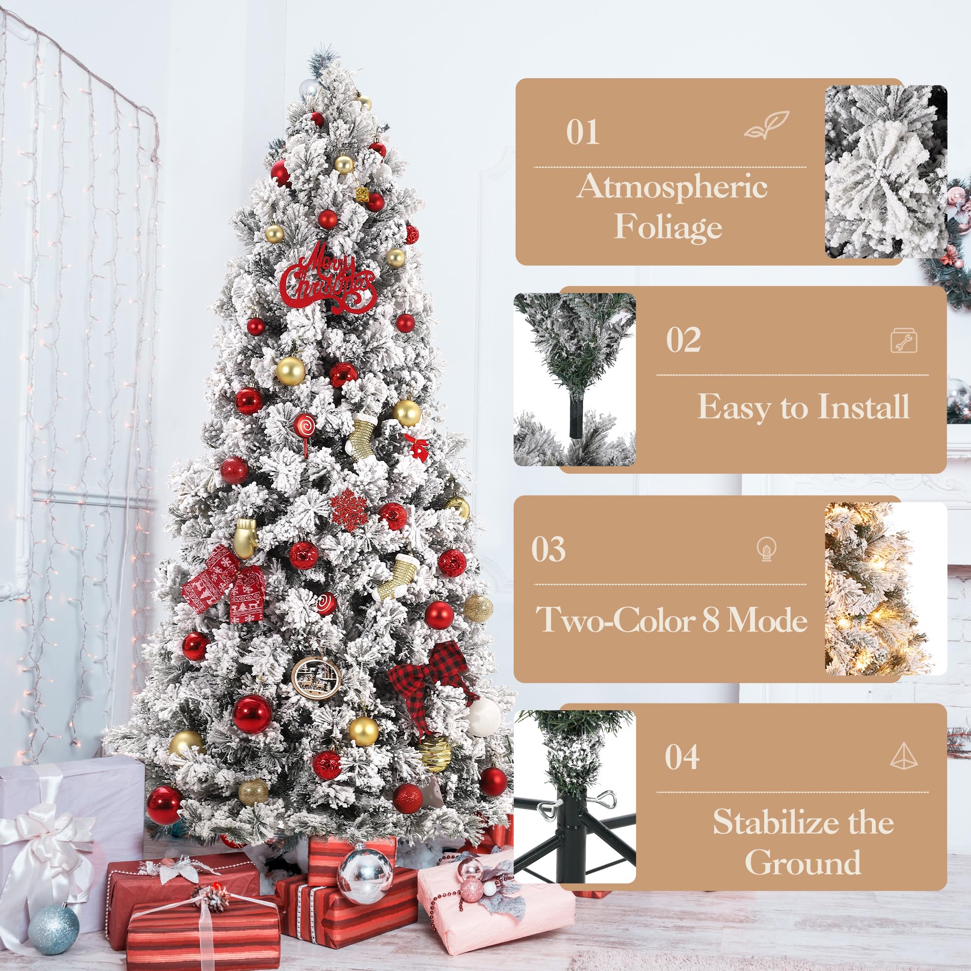 Der Rose 6FT 250LED Pre-Lit Artificial Christmas Tree Snow Flocked Full ...