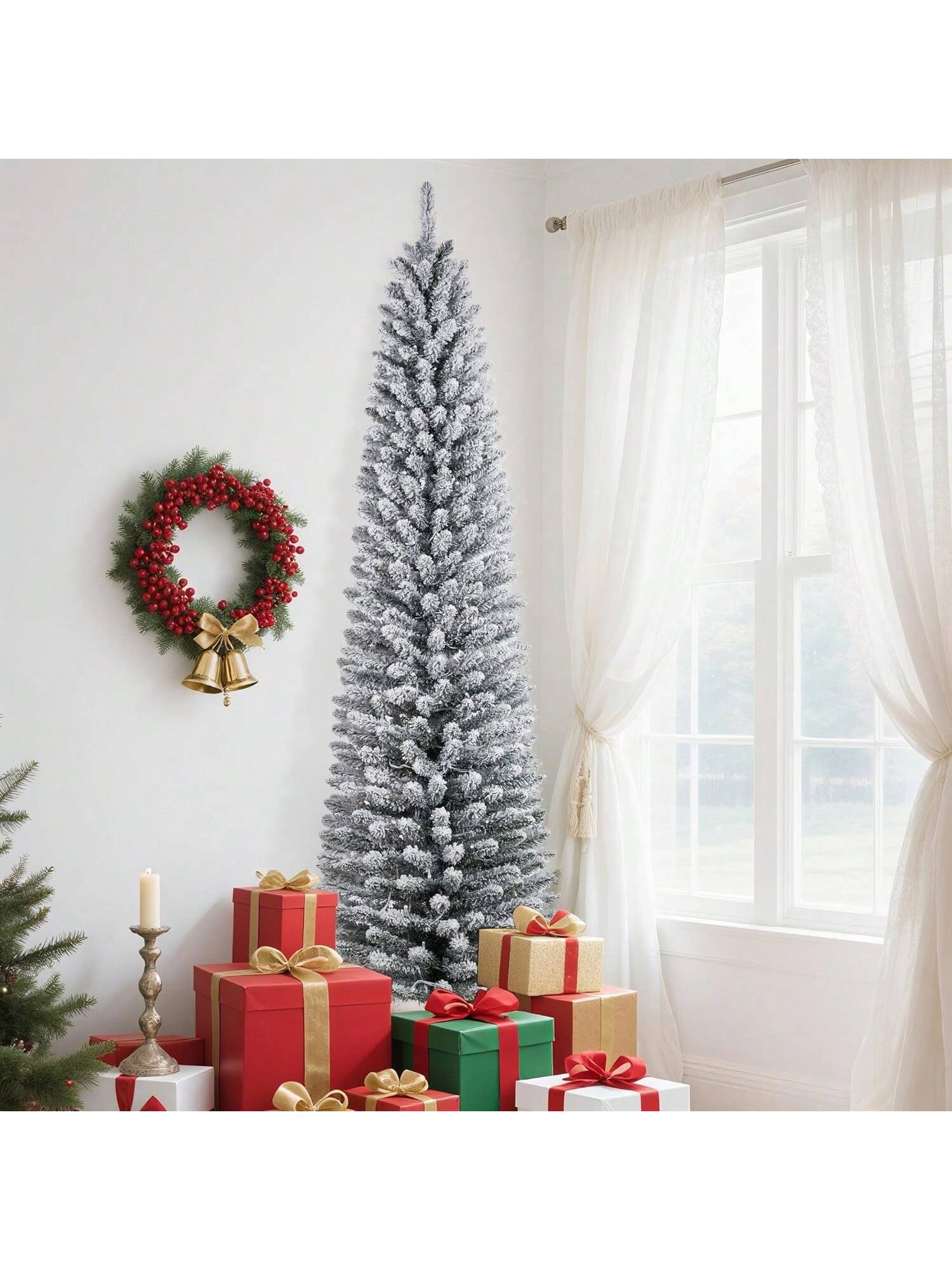 Qeetex 9FT Pre Lit Flocked Pencil Pine Tree Slim Artificial Christmas ...