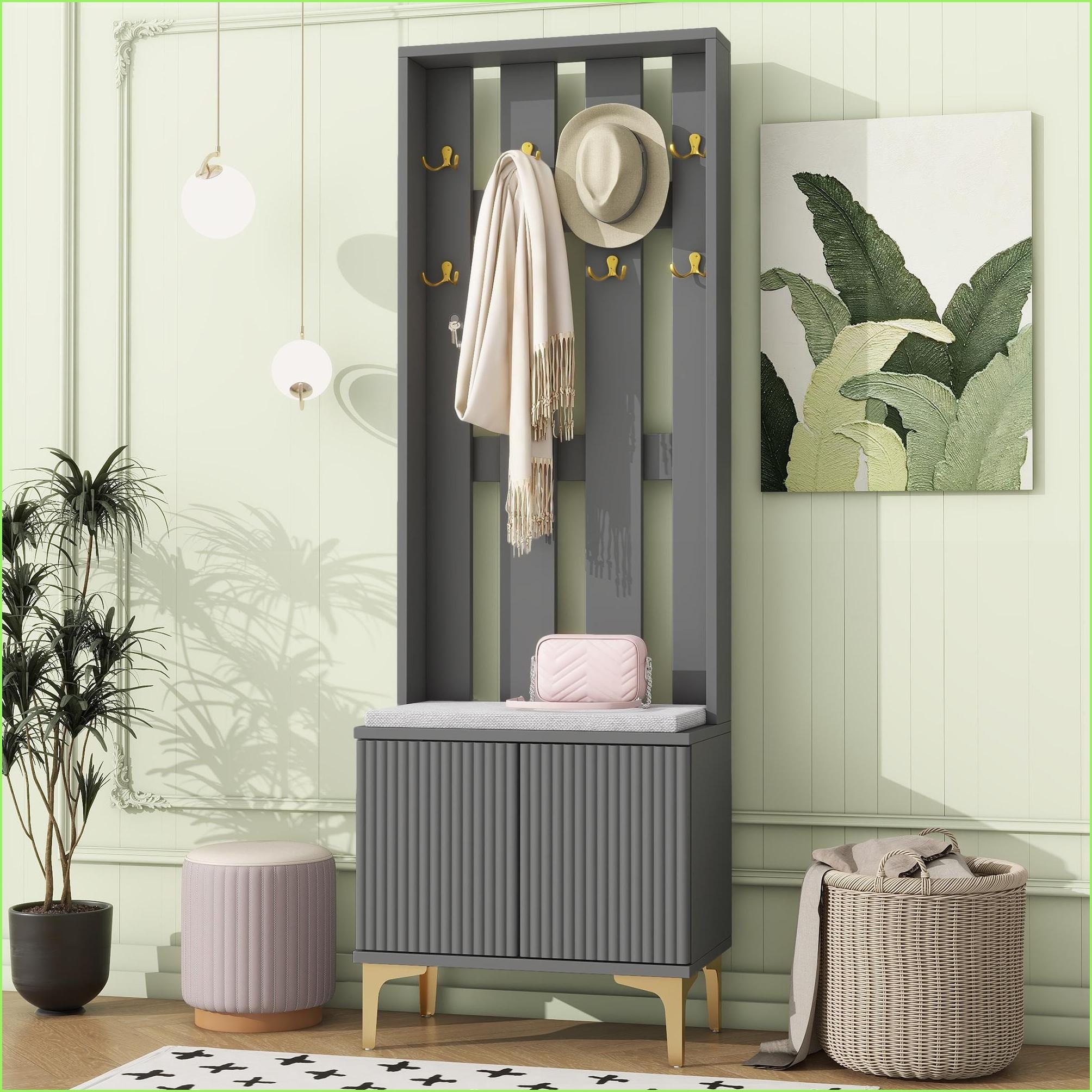 SunJet Hall Tree with Cushioned Bench 8 Gold Hooks Adjustable Shelf ...