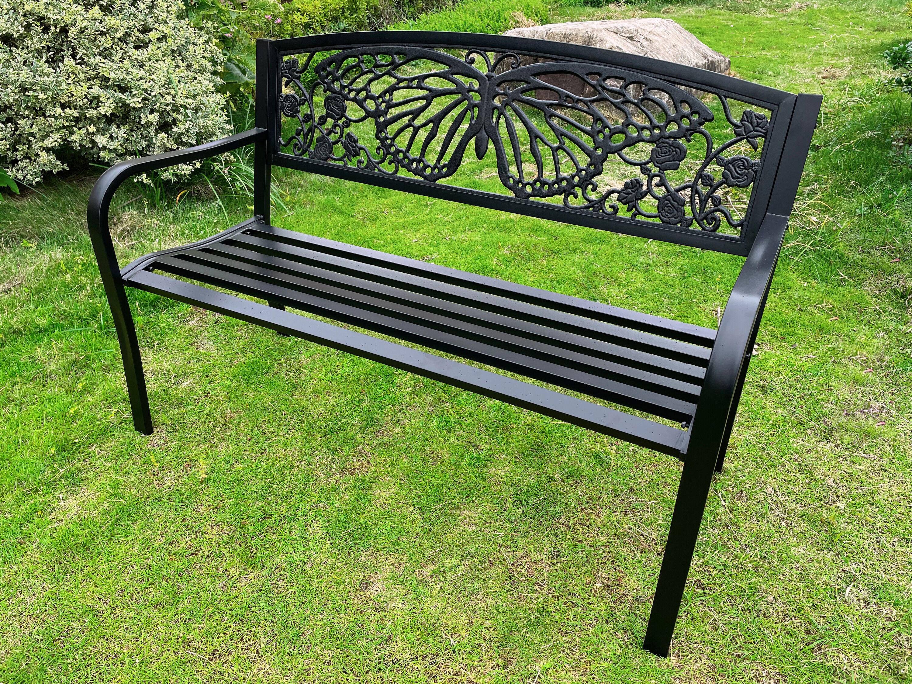 Hi-Line Gift Patio Bench 24-in W x 33-in H Black Steel Traditional ...