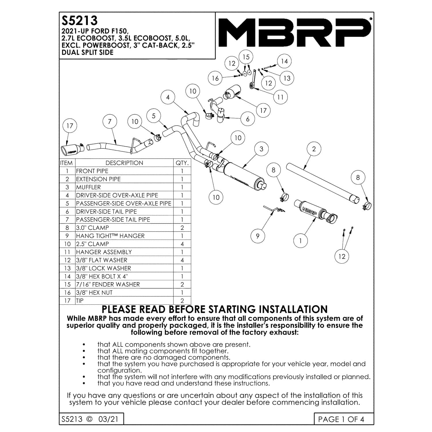 MBRP Armor Lite Cat Back Exhaust System 3 in Aluminized Steel 25 in ...