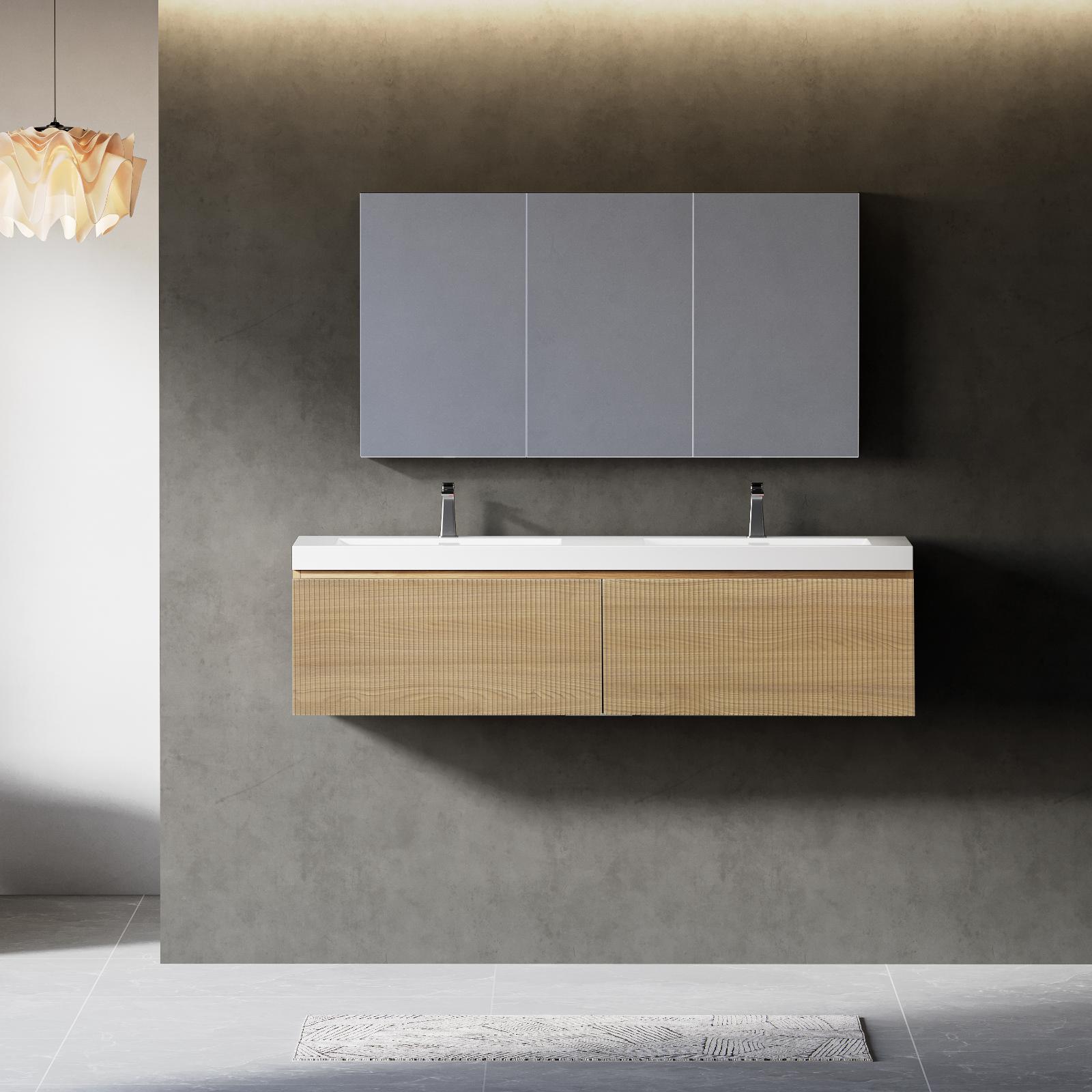 BWE 60-in Oak Natural Wood + OFF White Double Sink Floating Bathroom ...