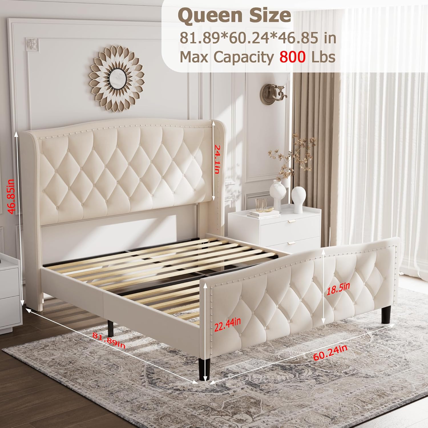 Garvee Queen Bed Frame Velvet Upholstered Platform Bed with Wing Side ...