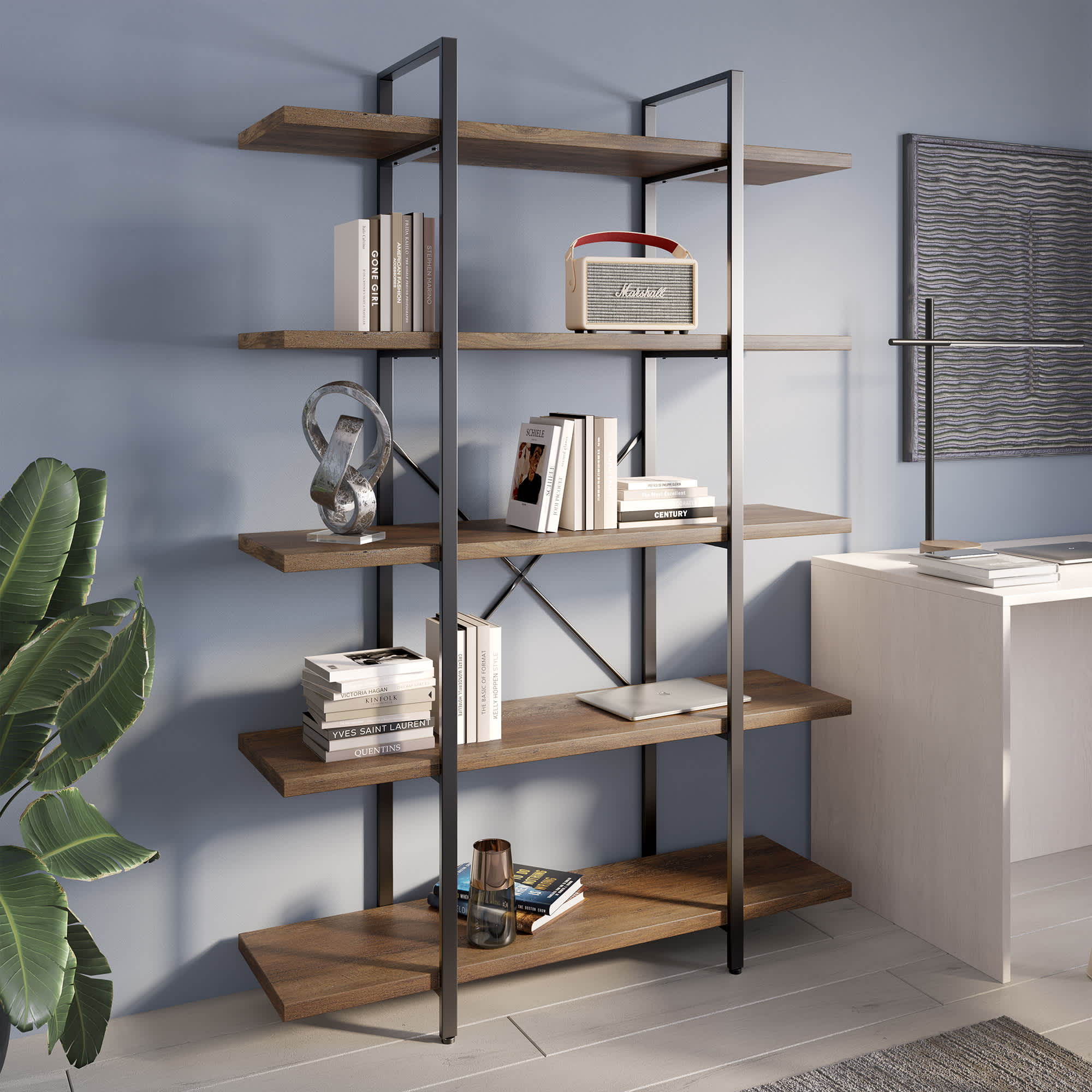Belleze 5 Tier Wood Bookshelf 70 Inch Industrial Storage Shelves ...