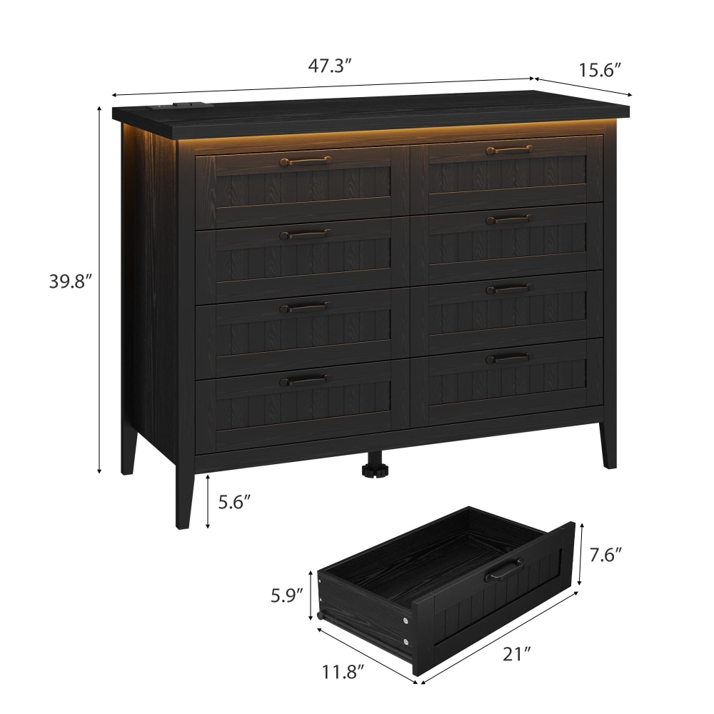 IdealHouse Black 8 Drawer Bedroom Dresser with LED Lights and Power ...