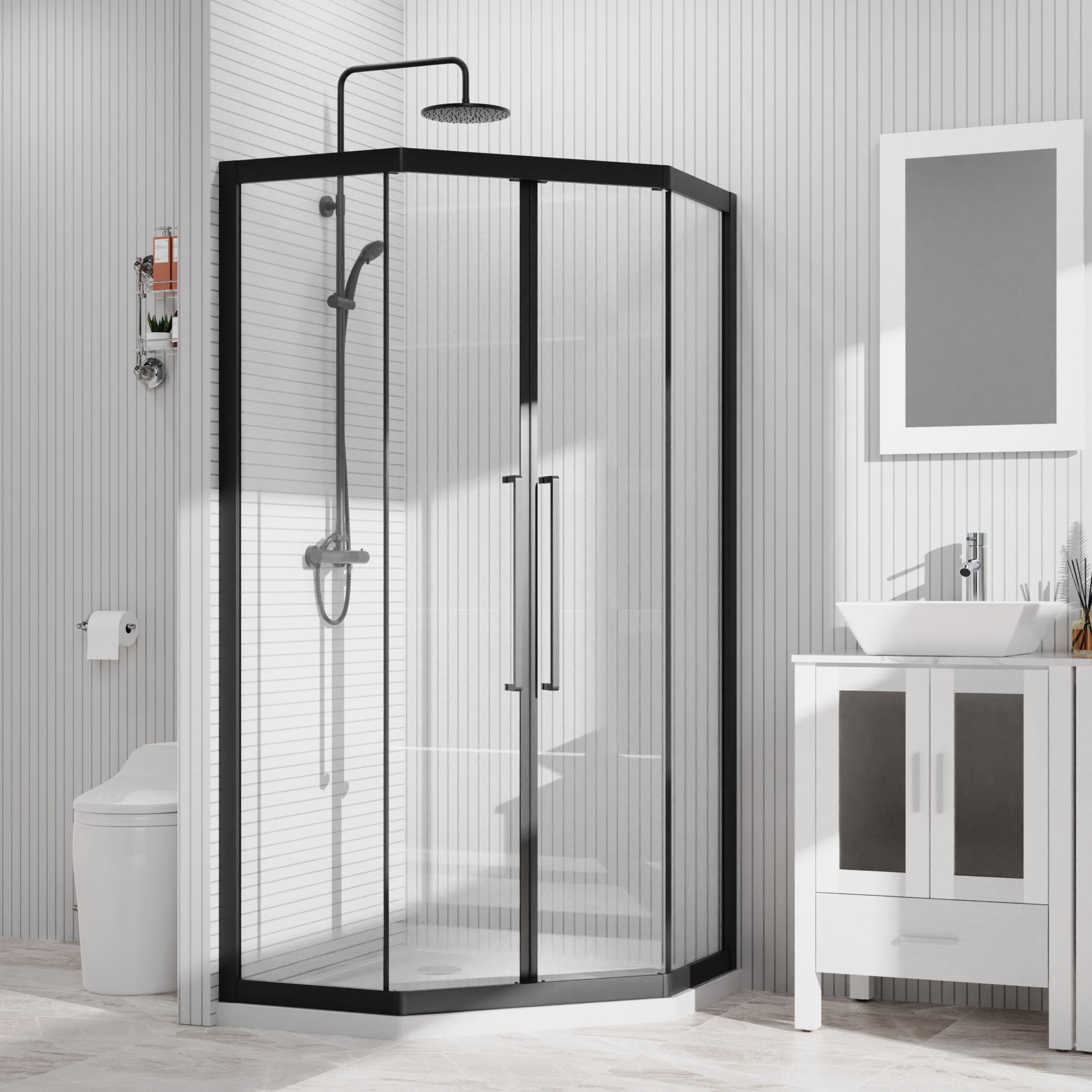 LIVIZA Single Sliding Black 36-in W x 72-in H Frameless Clear Glass Neo ...
