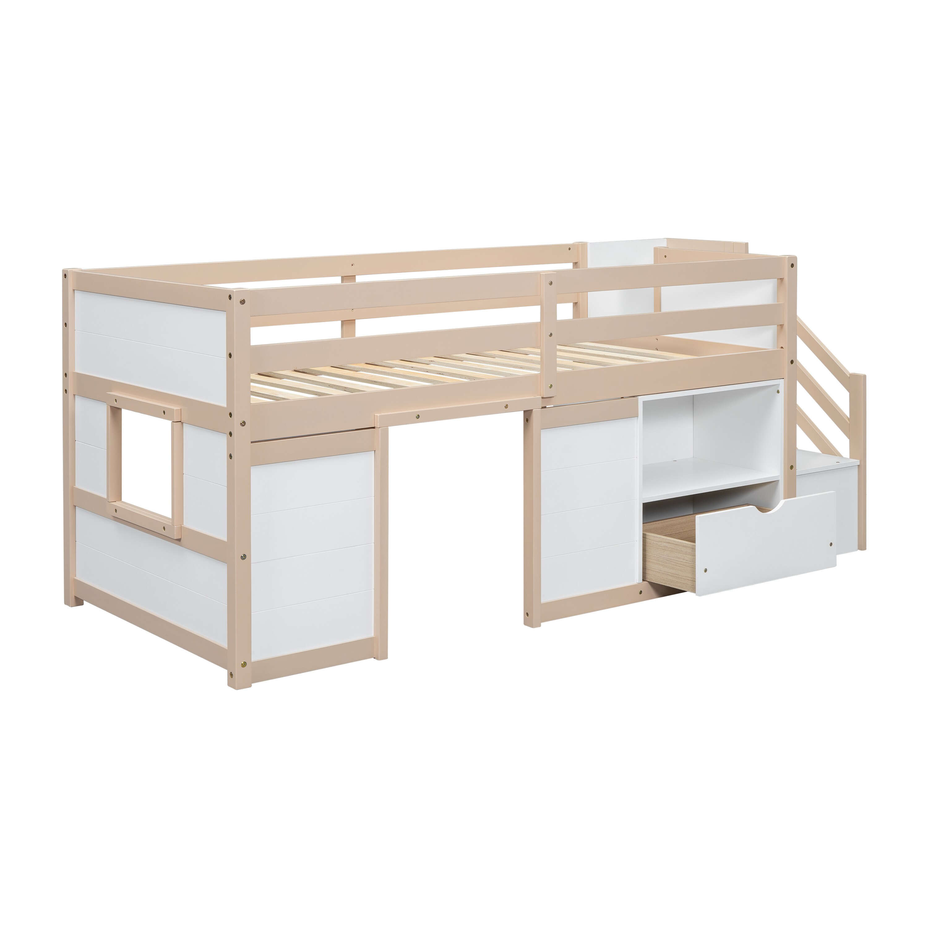 LUXEYARD SOLID WOOD TWIN SIZE LOW LOFT BED WITH STAIR DRAWER AND SHELF ...