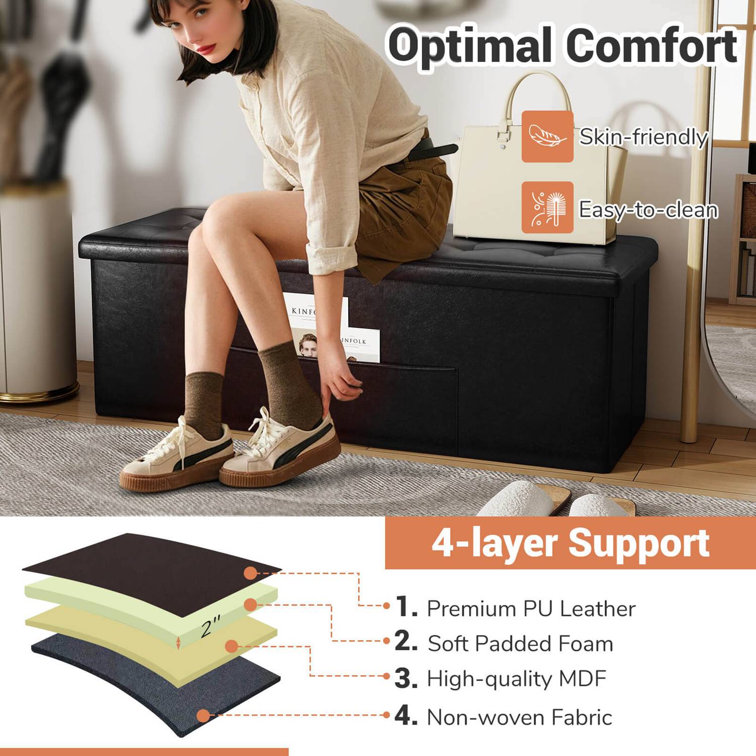 Costway 43 Inches Folding Storage Ottoman Bench with Side Pocket ...