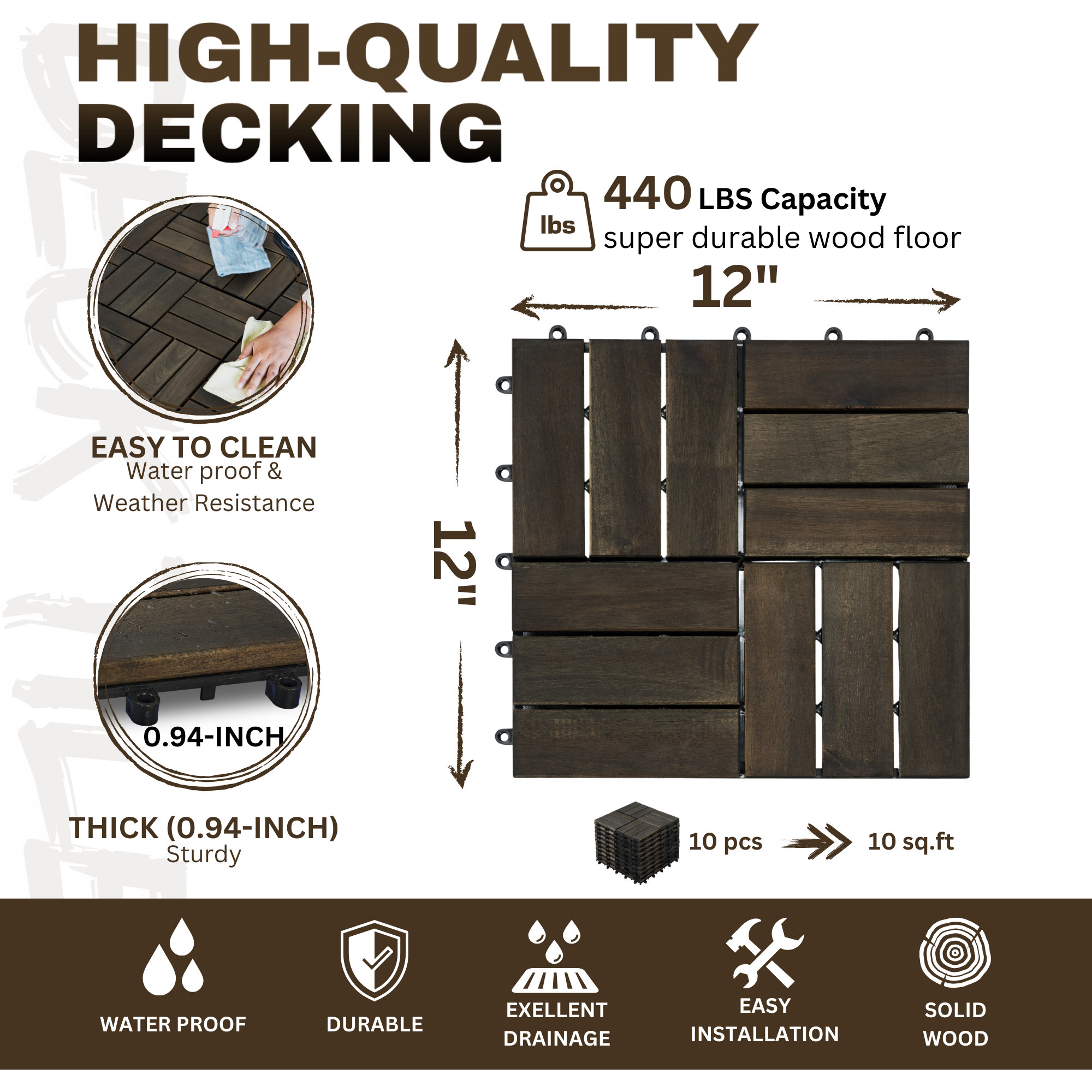 Misopily Acacia Wood Interlocking Deck Tiles 30 Pack 12 x 12 in Checker ...
