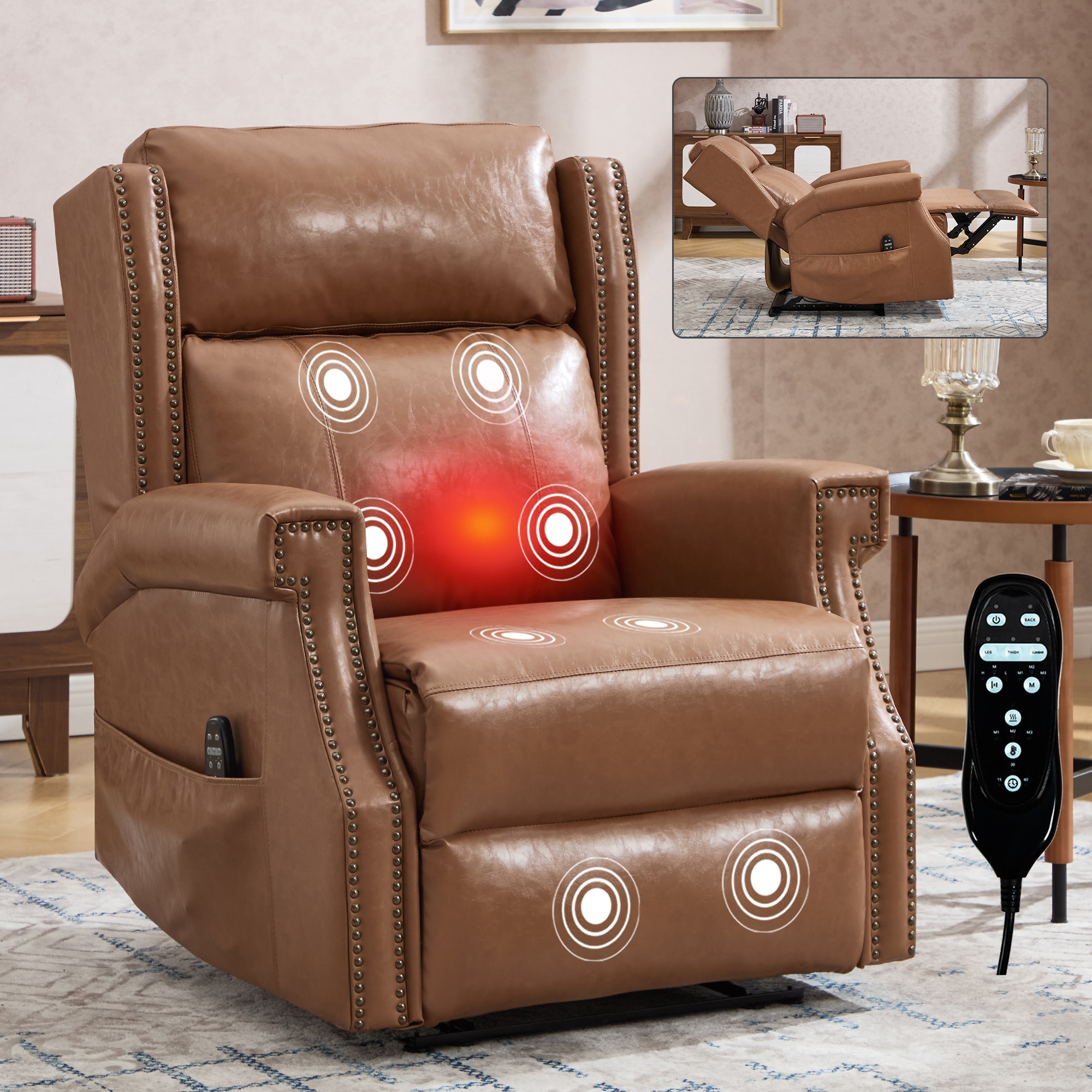 LOVMOR Camel Manual Recliner Chair in Faux Leather for Living Room with ...