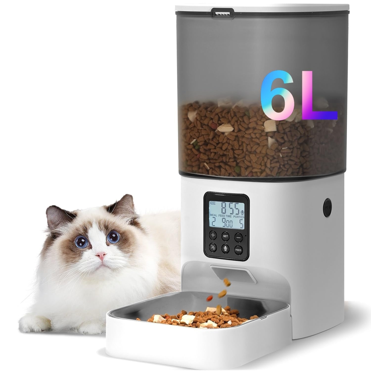 Adrinfly Automatic Cat Feeder 6L Timed Pet Food Dispenser with 10s ...