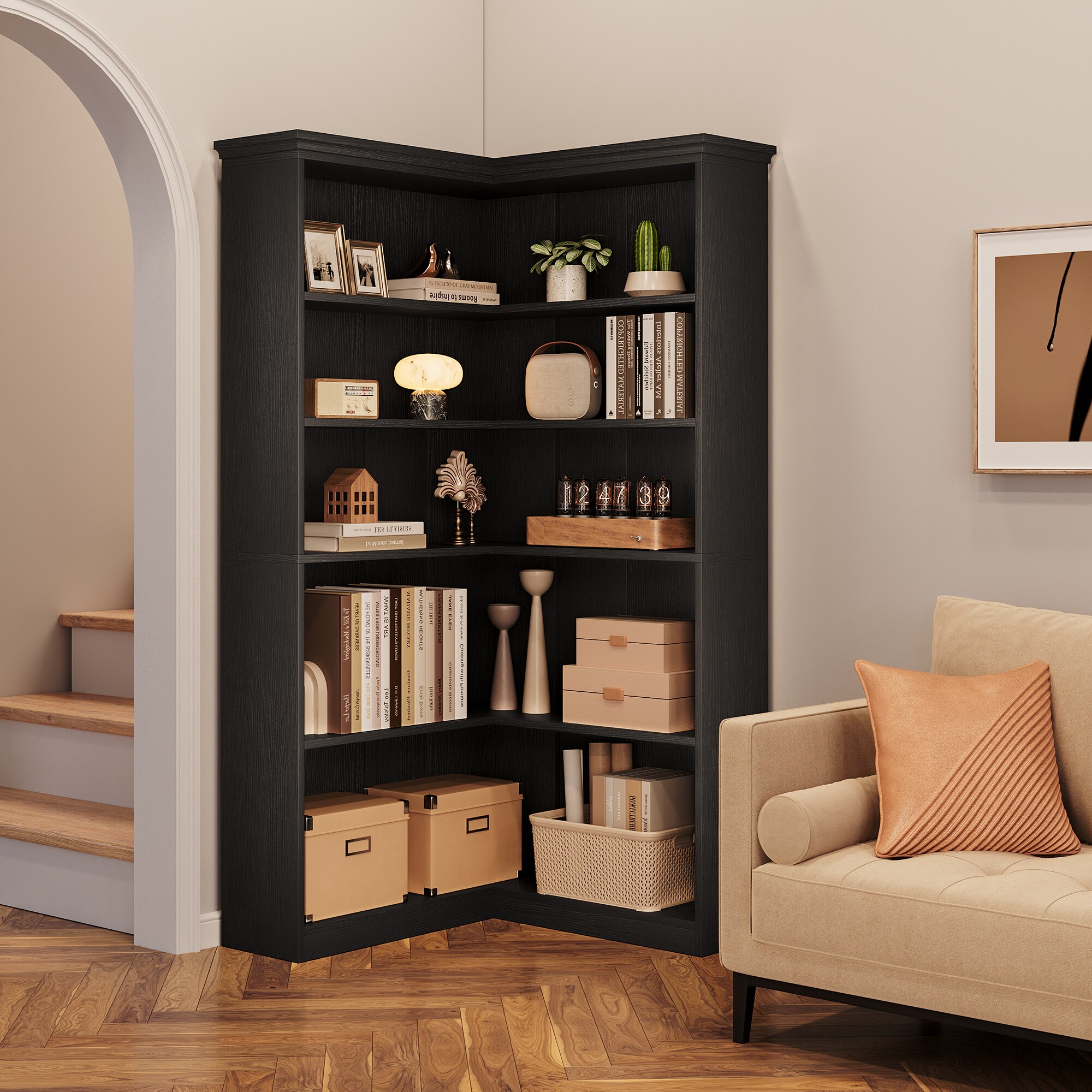 Garvee 72 Inch Tall 5-Tier L-Shaped Corner Wooden Bookcase with Anti ...