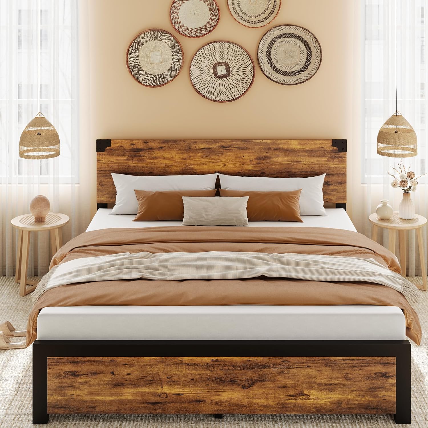 Garvee Full Size Rustic Vintage Brown Heavy Duty Metal Platform Bed ...