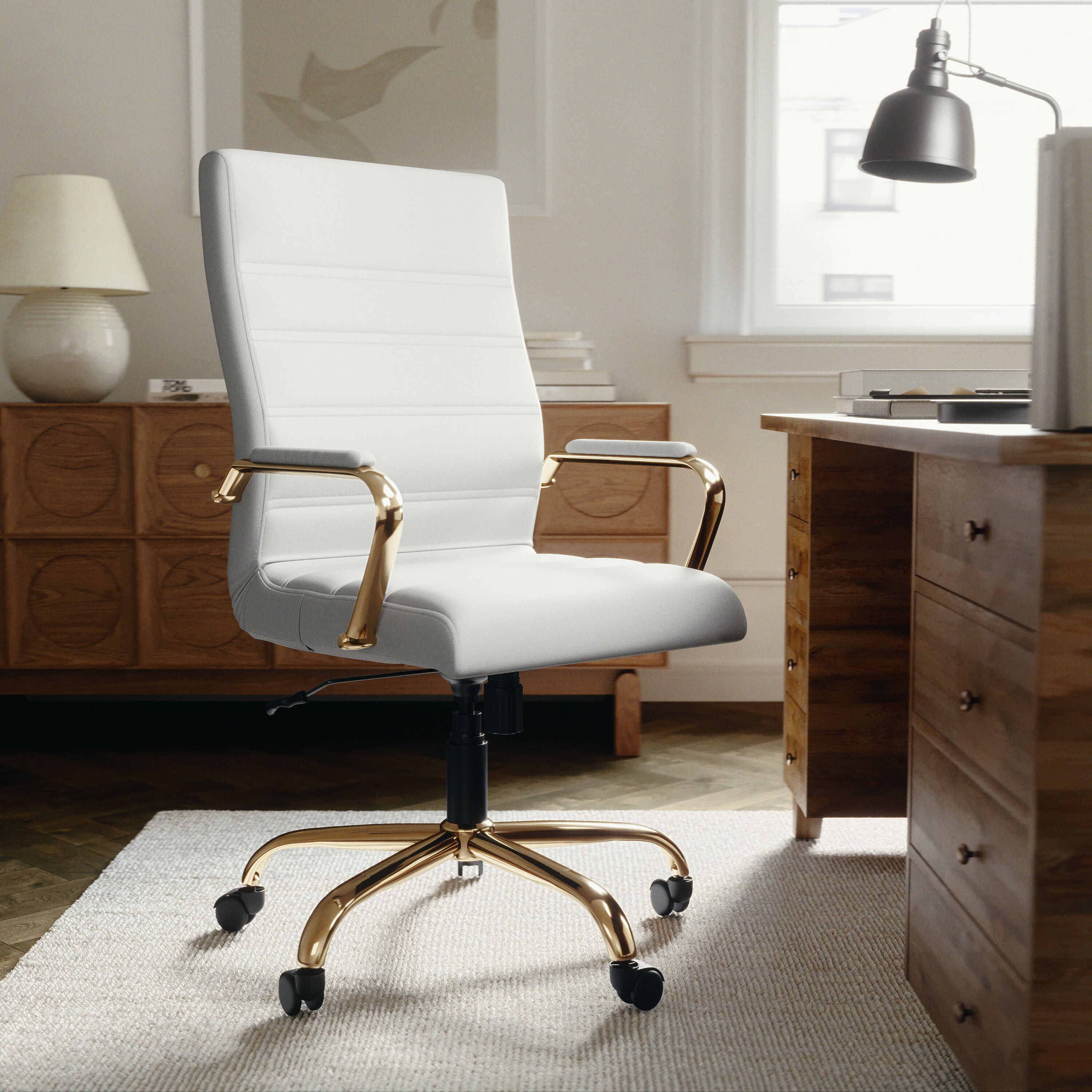 Flash Furniture Whitney White Leathersoft Gold Frame Contemporary Adjustable Height Swivel Faux Leather Executive Chair 889142337164 at Lowes