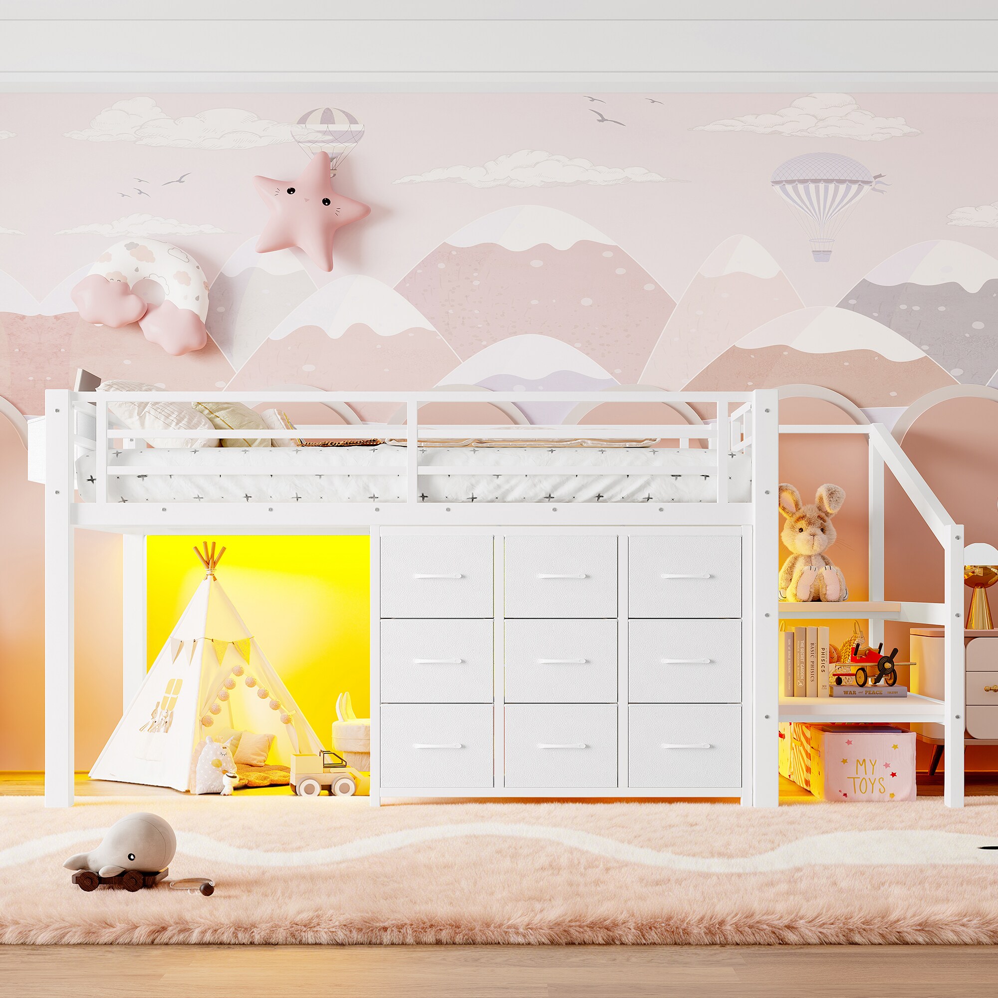 Bellemave Twin Low Loft Bed with Fabric Drawers Shelves Storage Stairs ...