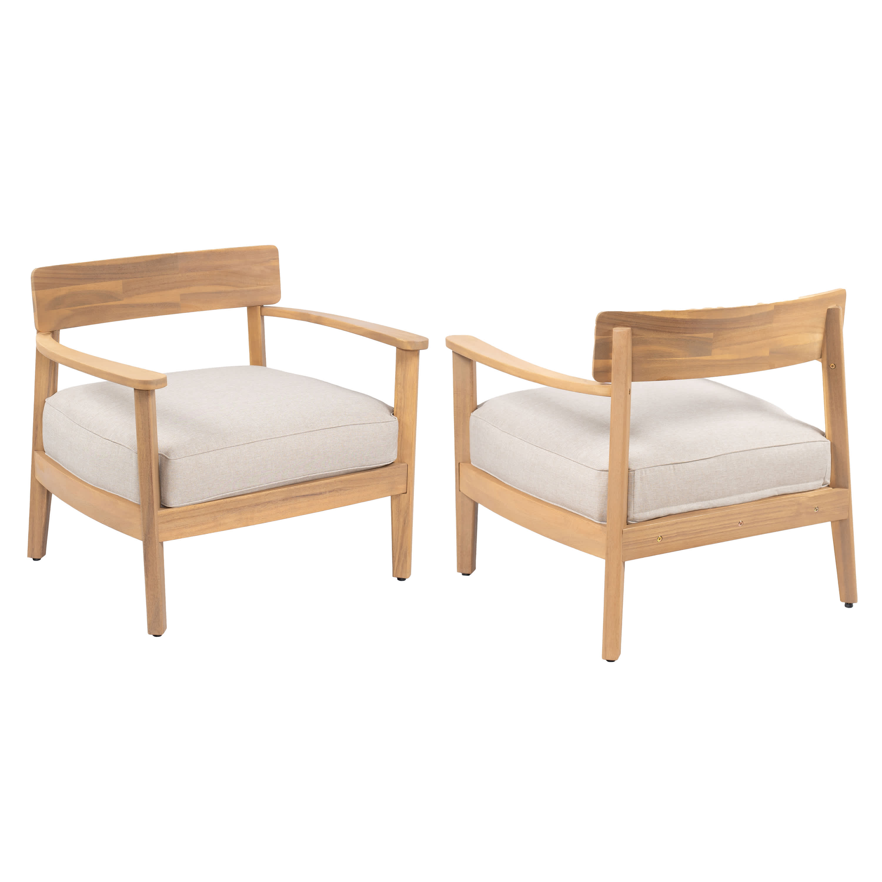 Vynxaria Set of 2 Acacia Wood Club Chair with Beige Polyester Seat ...