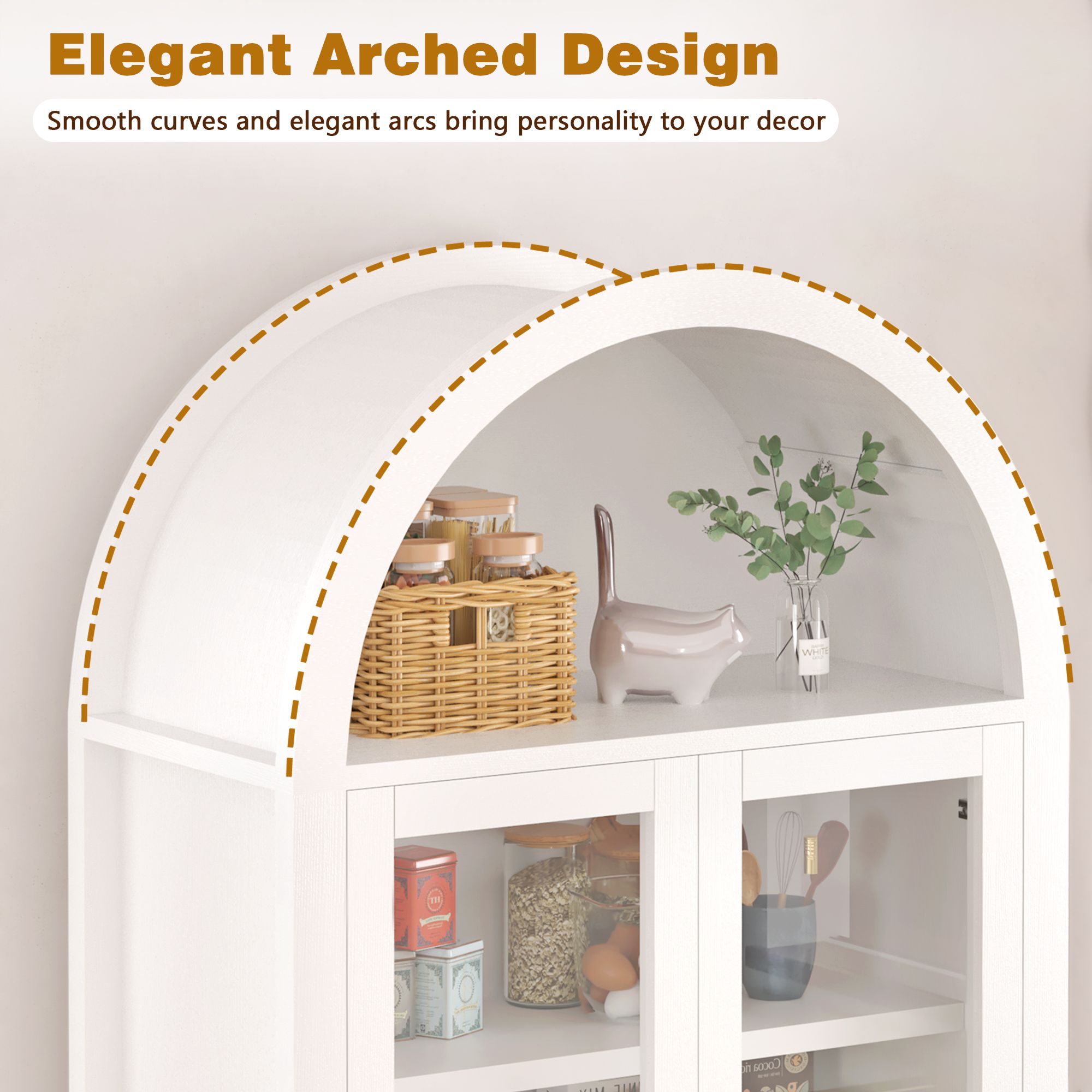 JUSHUA White 71 inch Fluted Tall Arched Pantry Cabinet with Adjustable ...