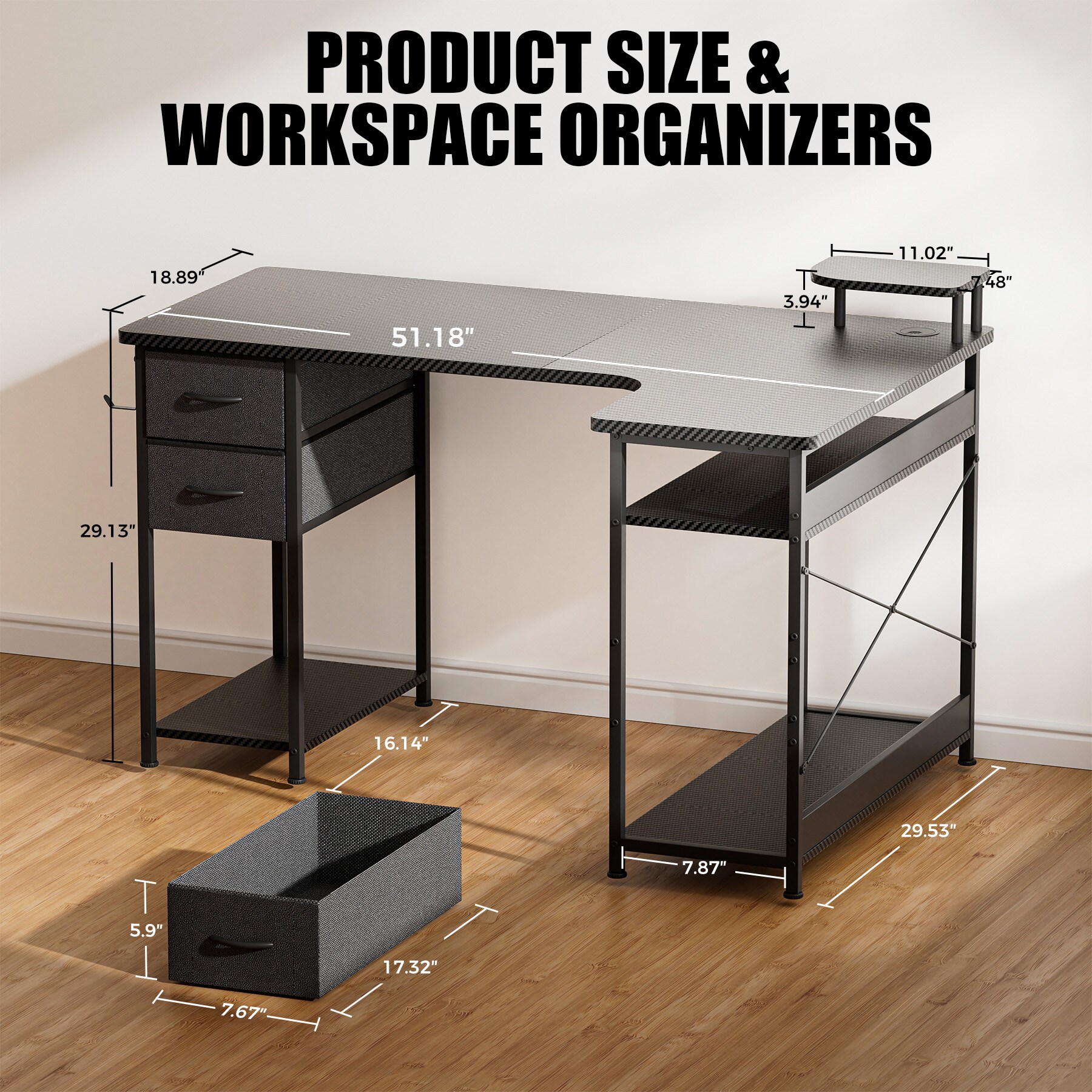 GTPLAYER Black Carbon Fiber Style L Shaped Gaming Desk with Drawers 51 ...