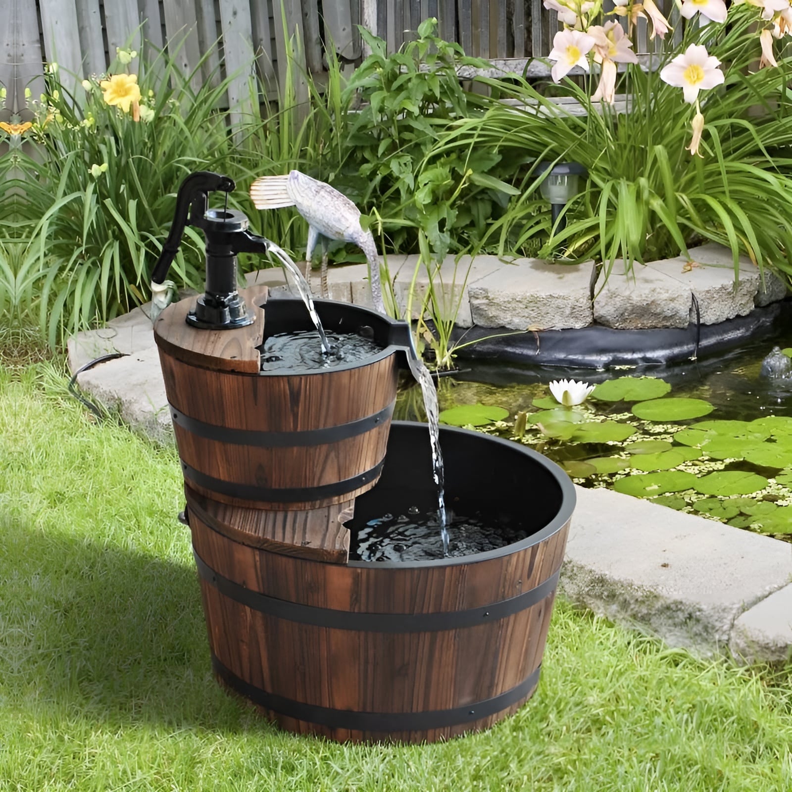 Slickblue 2 Tier Solid Wood Whisky Barrel Waterfall Fountain with ...