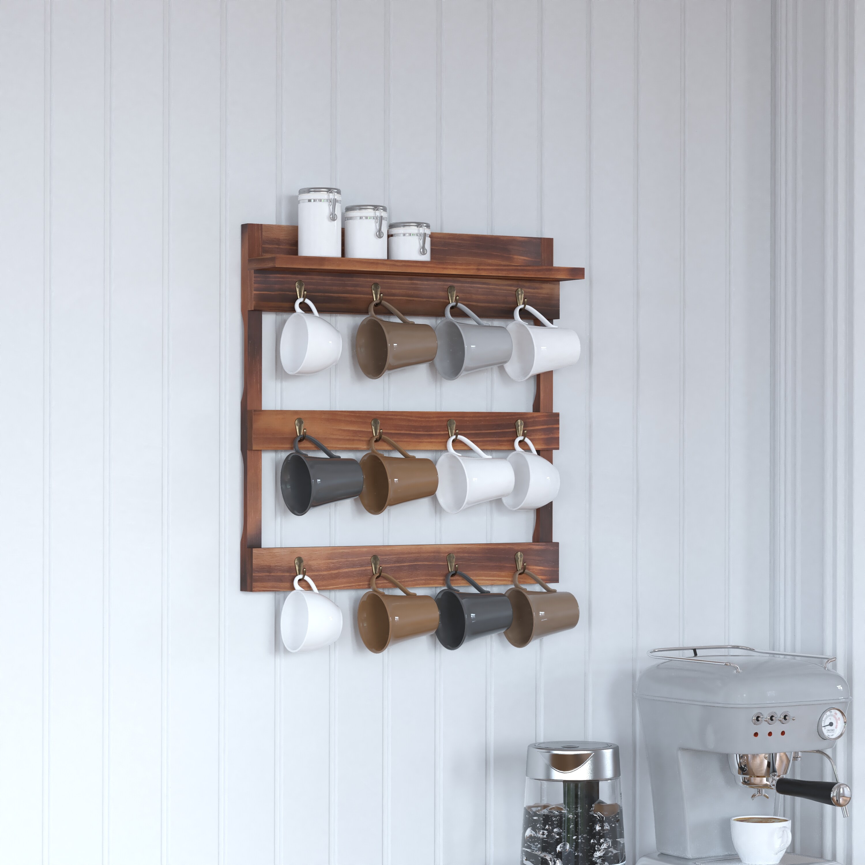 Merrick Lane Steeley Wooden Wall Mount 12 Cup Mug Rack Organizer with ...