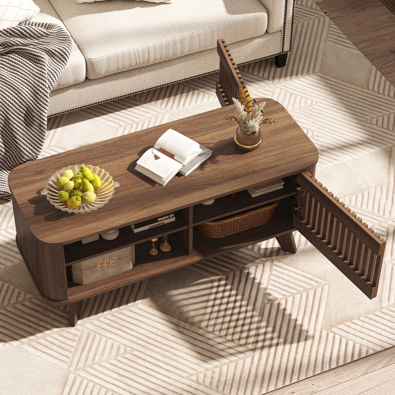 Slickblue Walnut Coffee Table with Double Doors Adjustable Shelves and ...