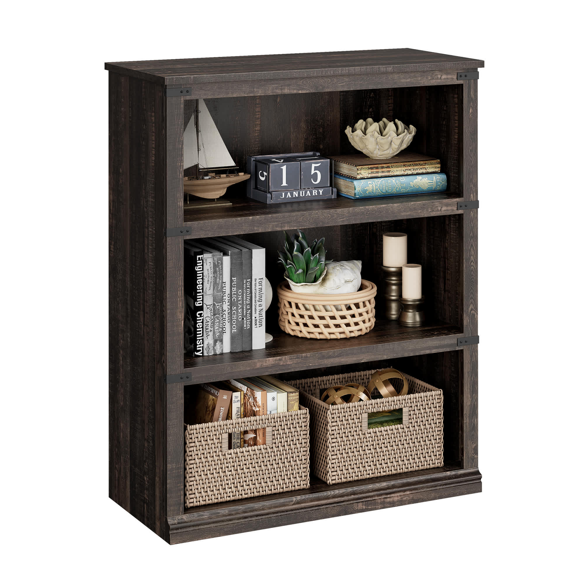 Qeetex Brown 40 Inch Tall Farmhouse Wooden Bookcase with 3 Tier Storage ...