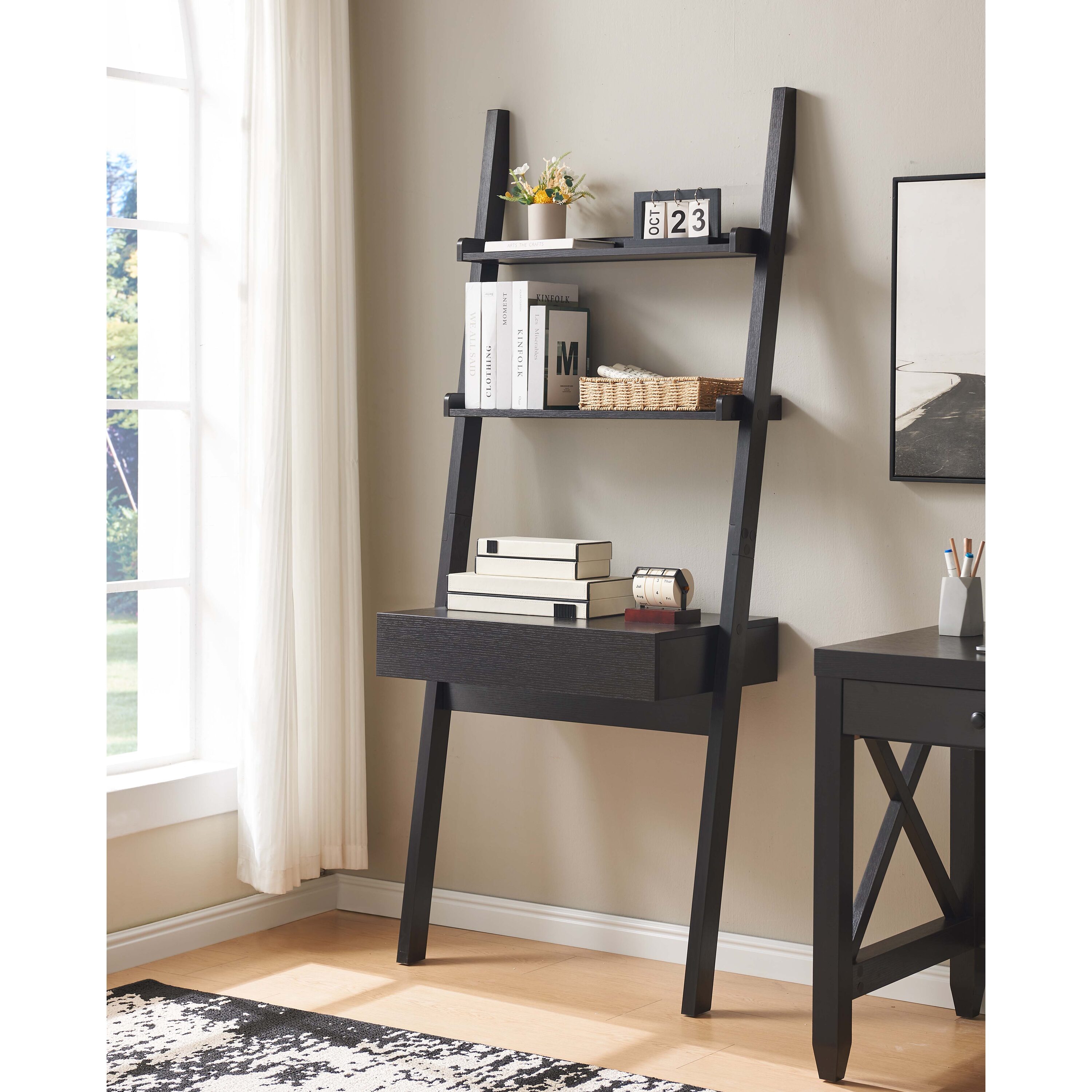 LOVMOR Home office desk workspace writing table bookcase ladder one ...