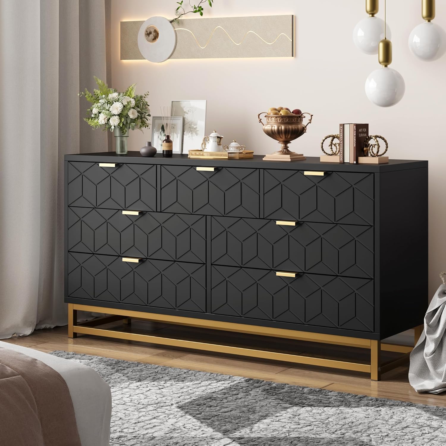 Garvee Black 7 Drawer Dresser 53.5 Inch Large Chest with Metal Legs and ...