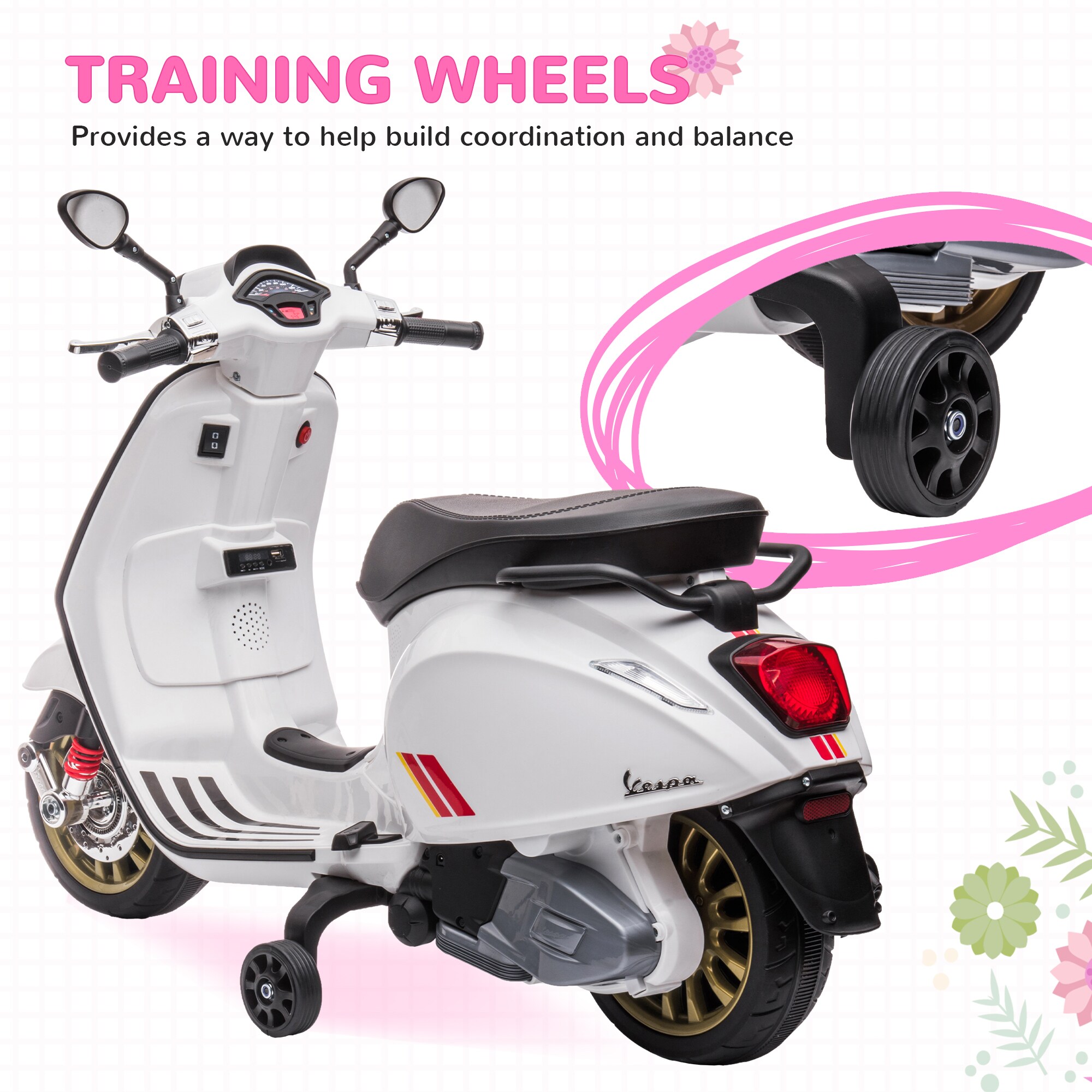 Qaba Vespa Licensed Electric Motorcycle for Kids 6V Toddler Motorcycle ...