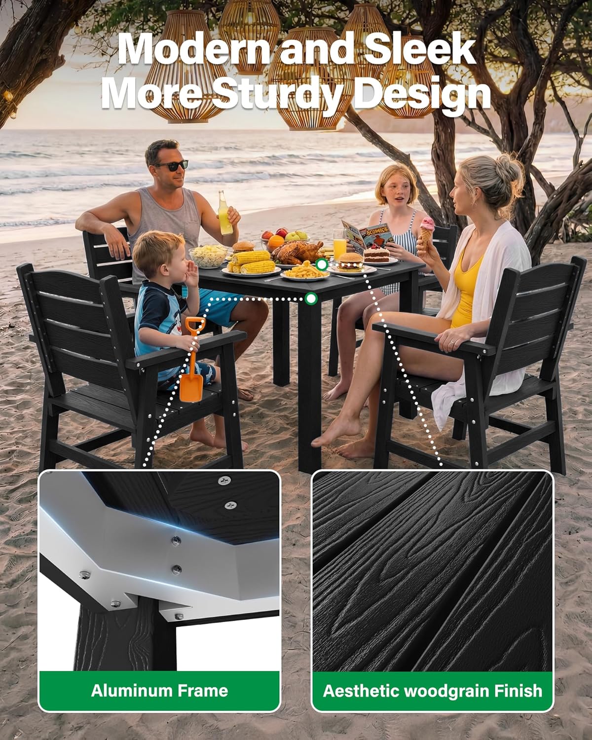 YEFU 5-Piece Black All-Weather Plastic Outdoor Patio Dining Set with 4 ...