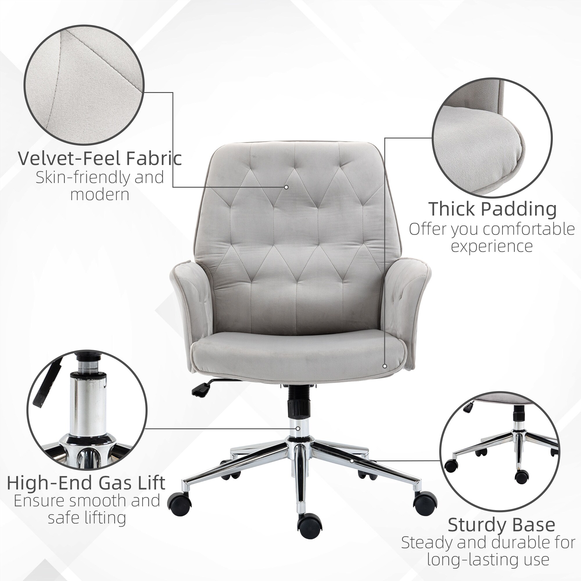Vinsetto Velvet Home Office Chair Tufted Height Adjustable Computer ...