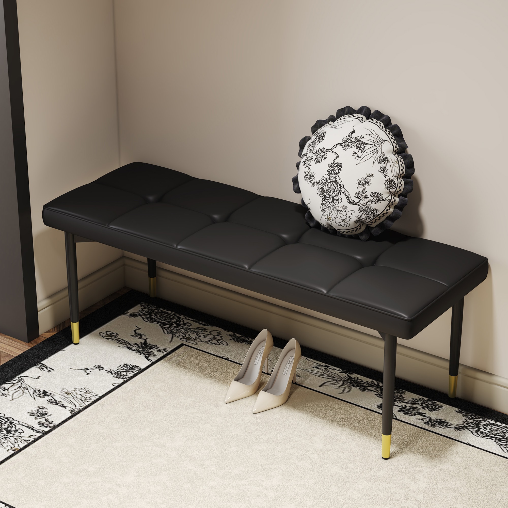 LOVMOR 47x16 Inch Multifunctional Black Shoe Bench Faux PU Cushion ...