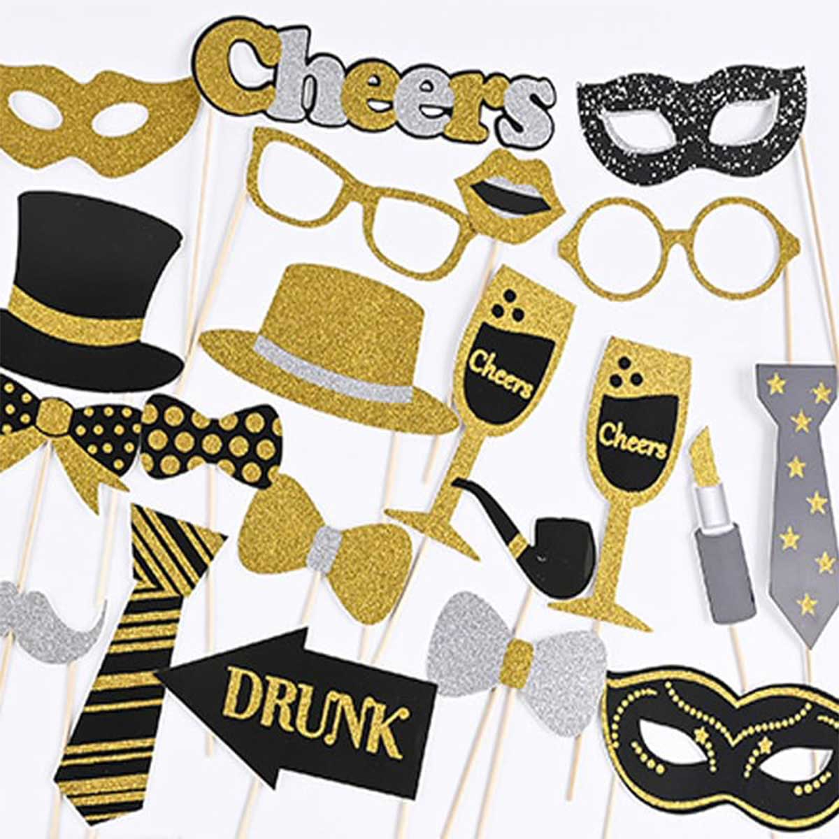 Aoibox 30 Piece Black Gold Photo Booth Props Set for Birthday Wedding ...