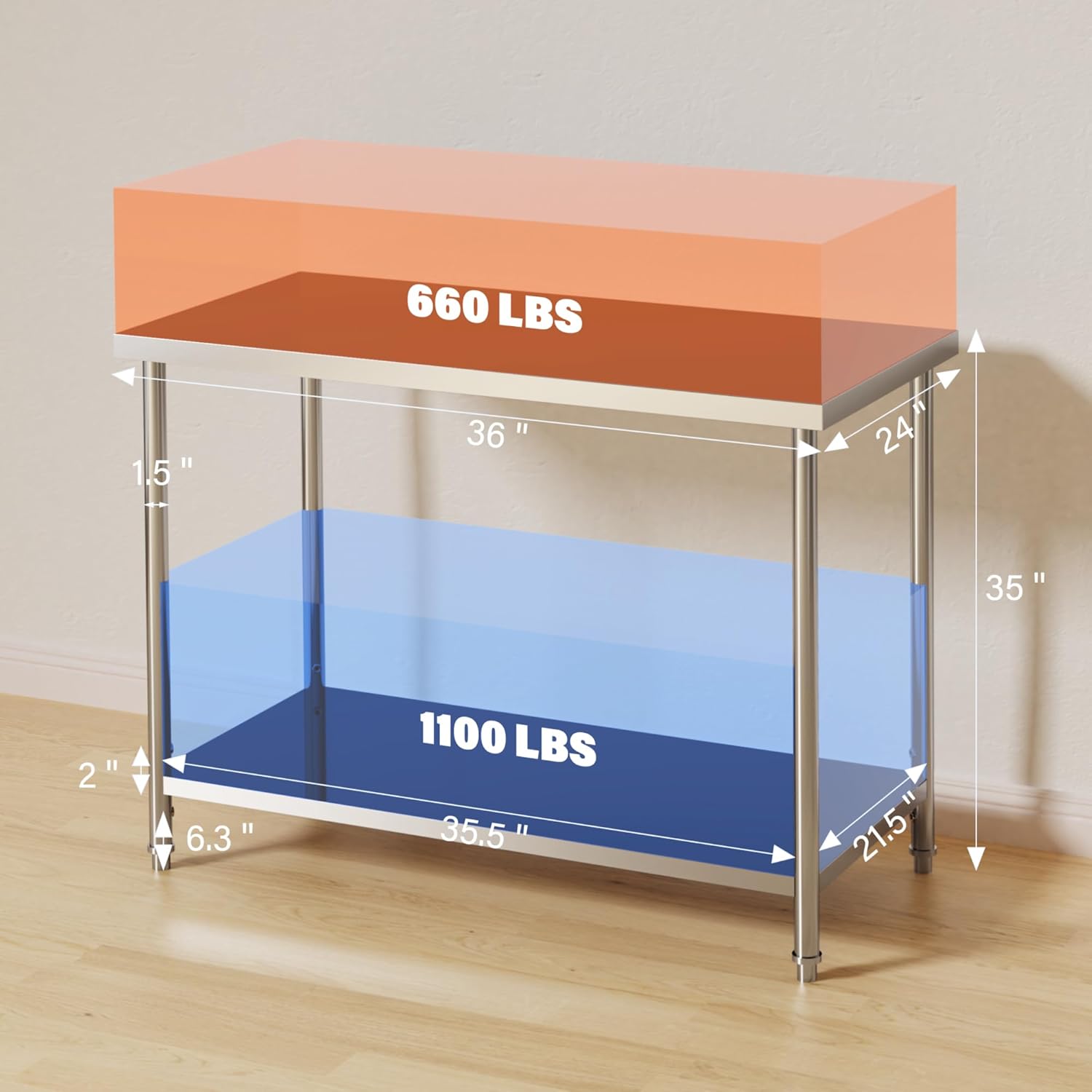 GAOMON 36 In x24 In 2-Tier Stainless Steel Prep Work Table with ...