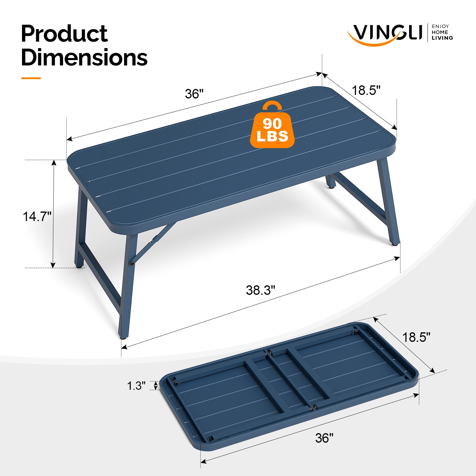 VINGLI 38W Folding Rectangle Coffee Table/Drainable Iron Patio Table ...