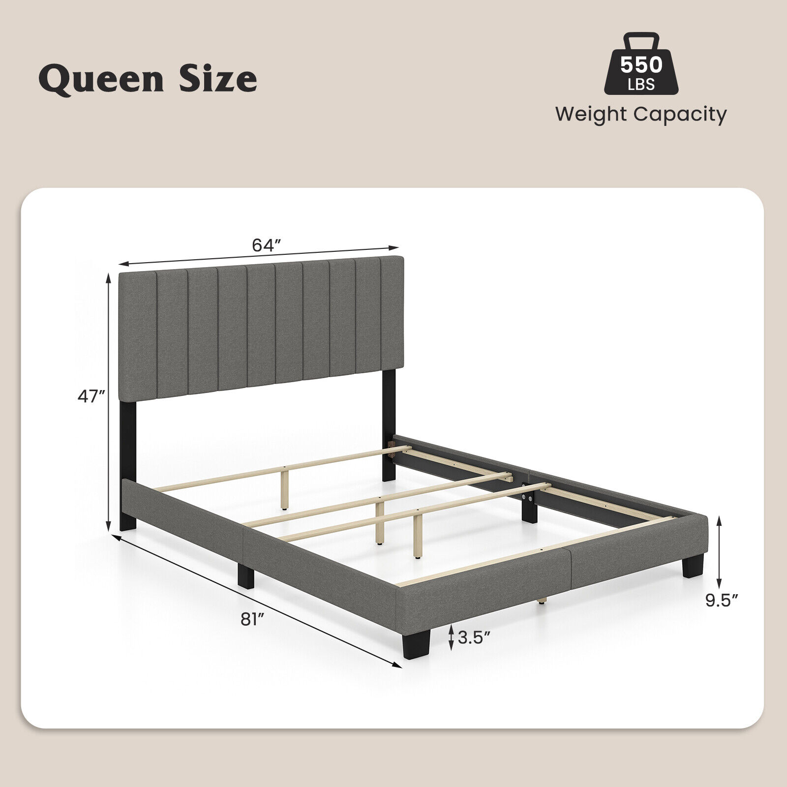 Slickblue Gray Linen Upholstered Queen Bed Frame Platform Style with ...
