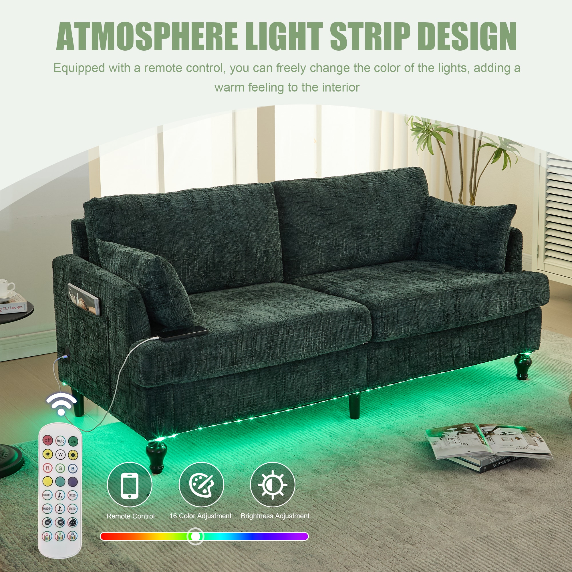 LOVMOR 2 Seat Sofa Chenille Emerald Couch with Storage for Living Room ...