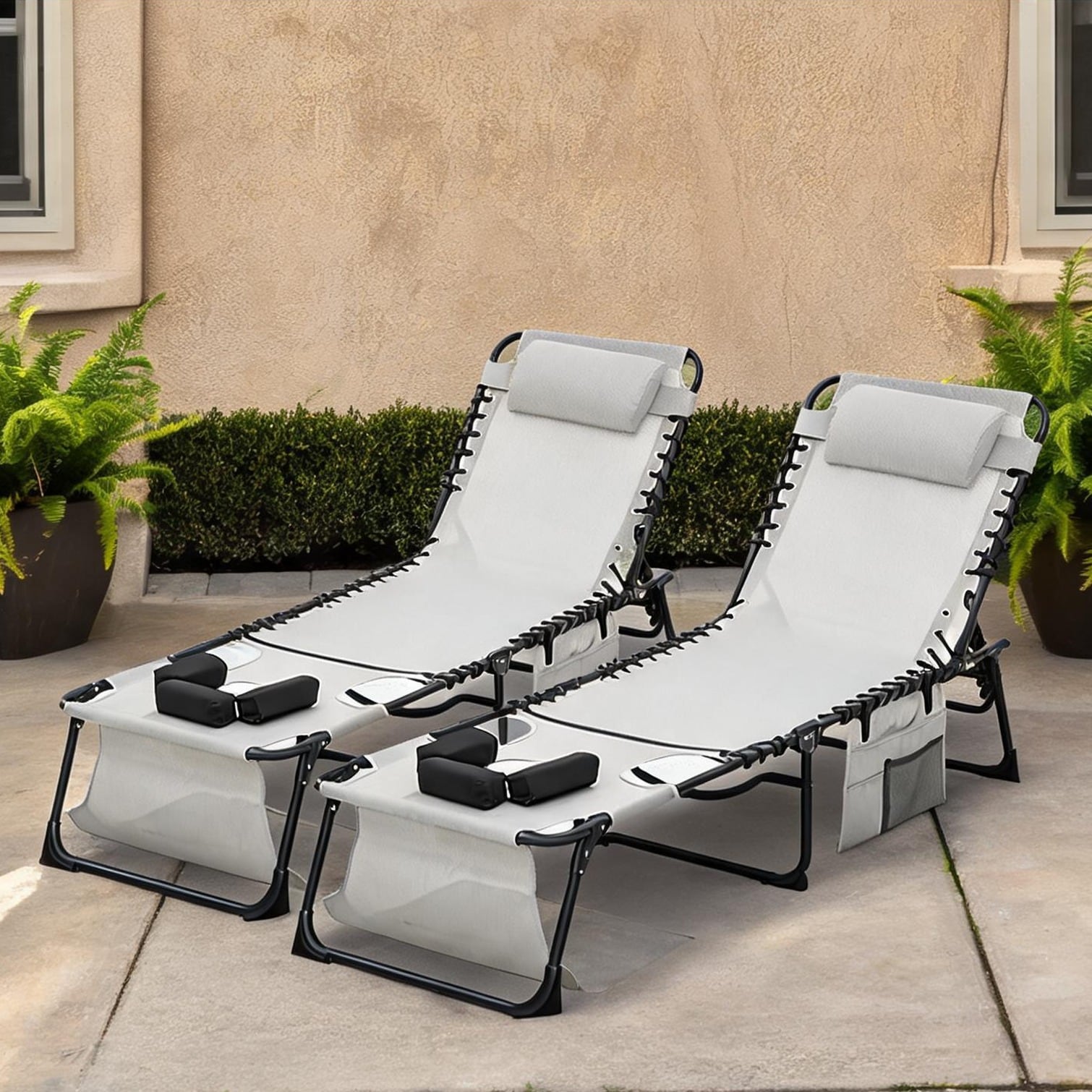 Watnature Outdoor Chaise Lounge Set of 2 Gray-Toned Steel Foldable 5 ...