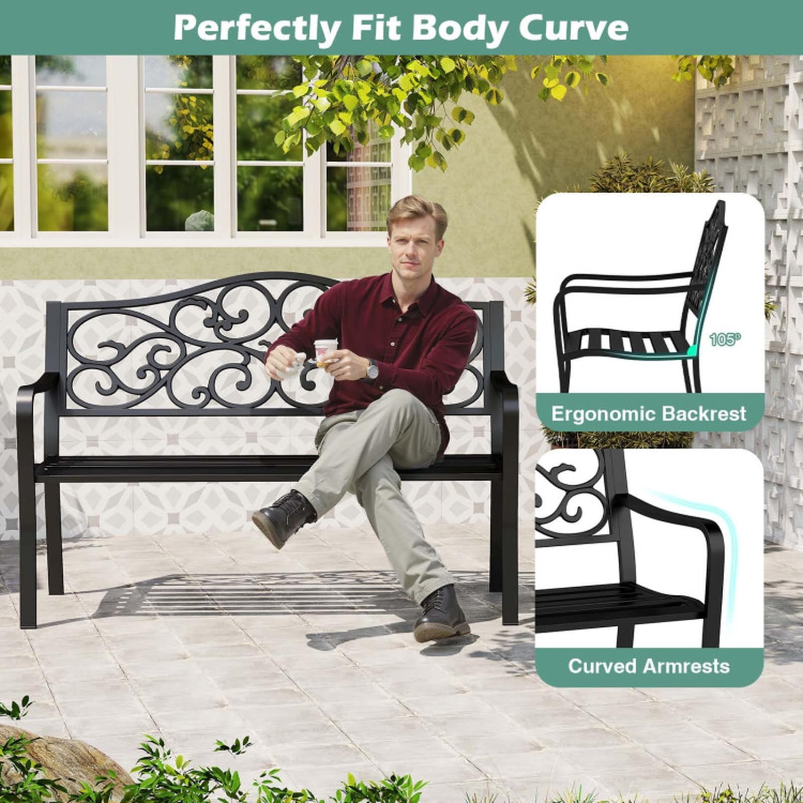 SUGIFT 50-in Outdoor Cast Iron Metal Patio Bench with Floral Design ...
