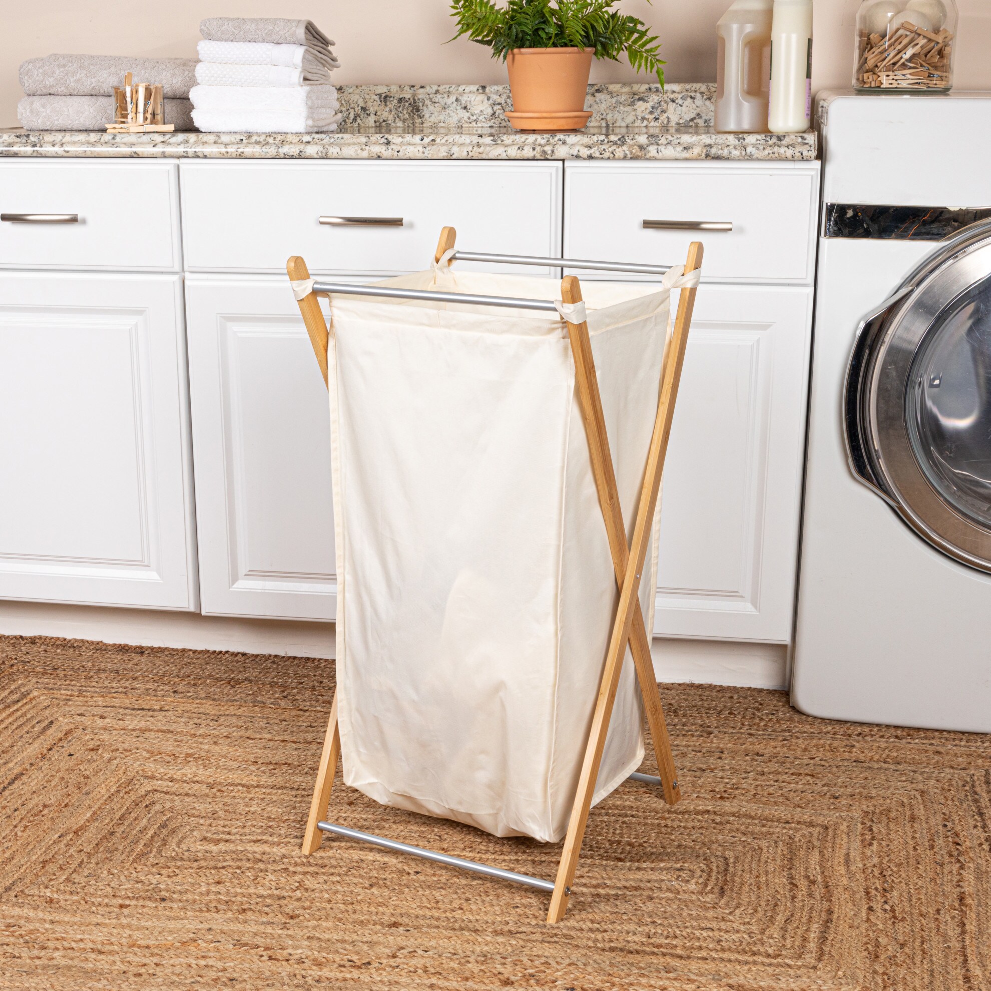 Household Essentials X-Frame Bamboo Hamper Washable Natural Liner and ...
