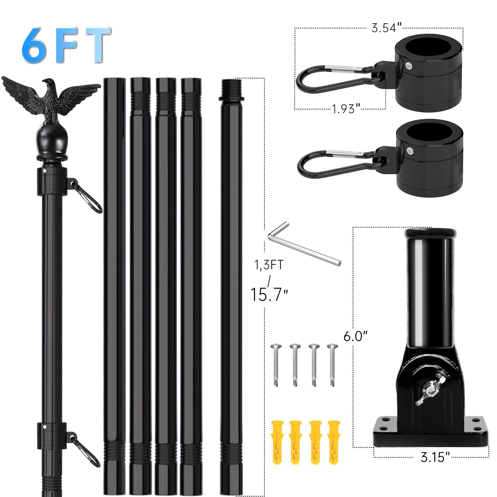 Lukvuzo 6 Foot Stainless Steel Flag Pole Kit Adjustable Height 0 to 180 ...