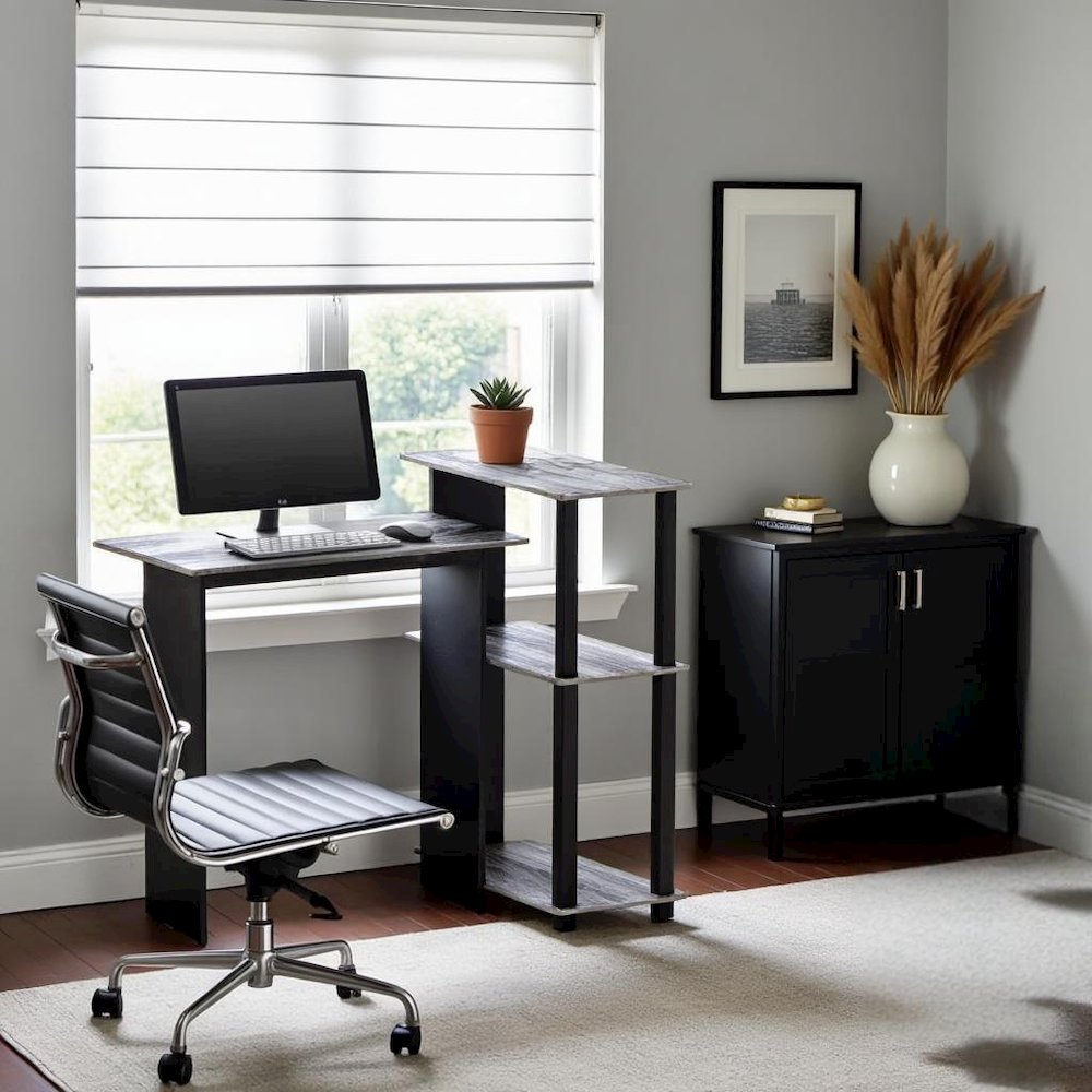 FurniFact Grey Corner Office Desk with Storage Bookshelf for Writing ...