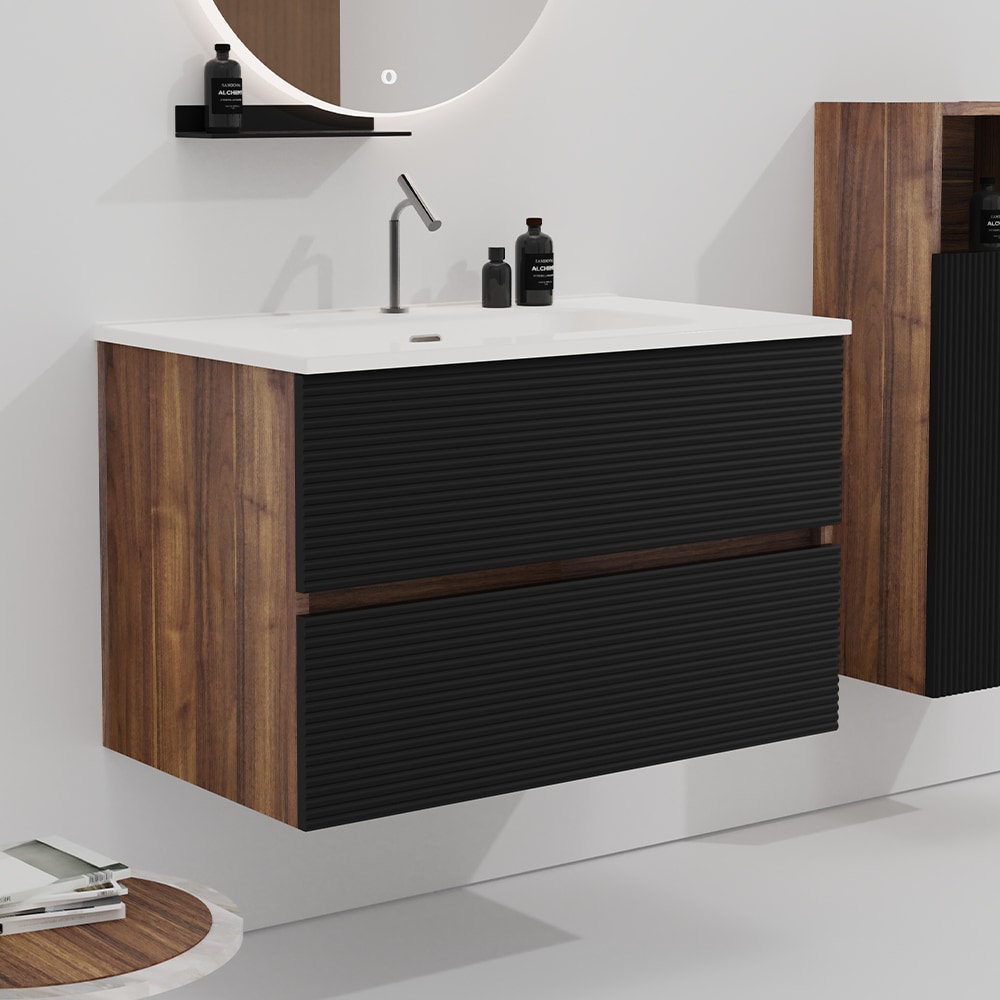 LUXEYARD Gloria 30in Wall Mounted Soft Black and Walnut Bathroom Vanity ...