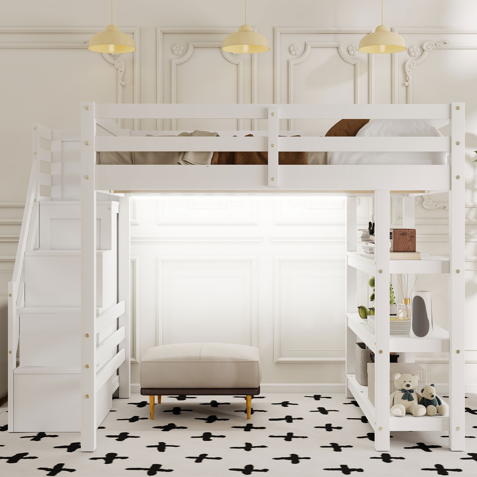 LOVMOR White Full Loft Bed Shelves Storage Stairs Small Wardrobe LED in ...