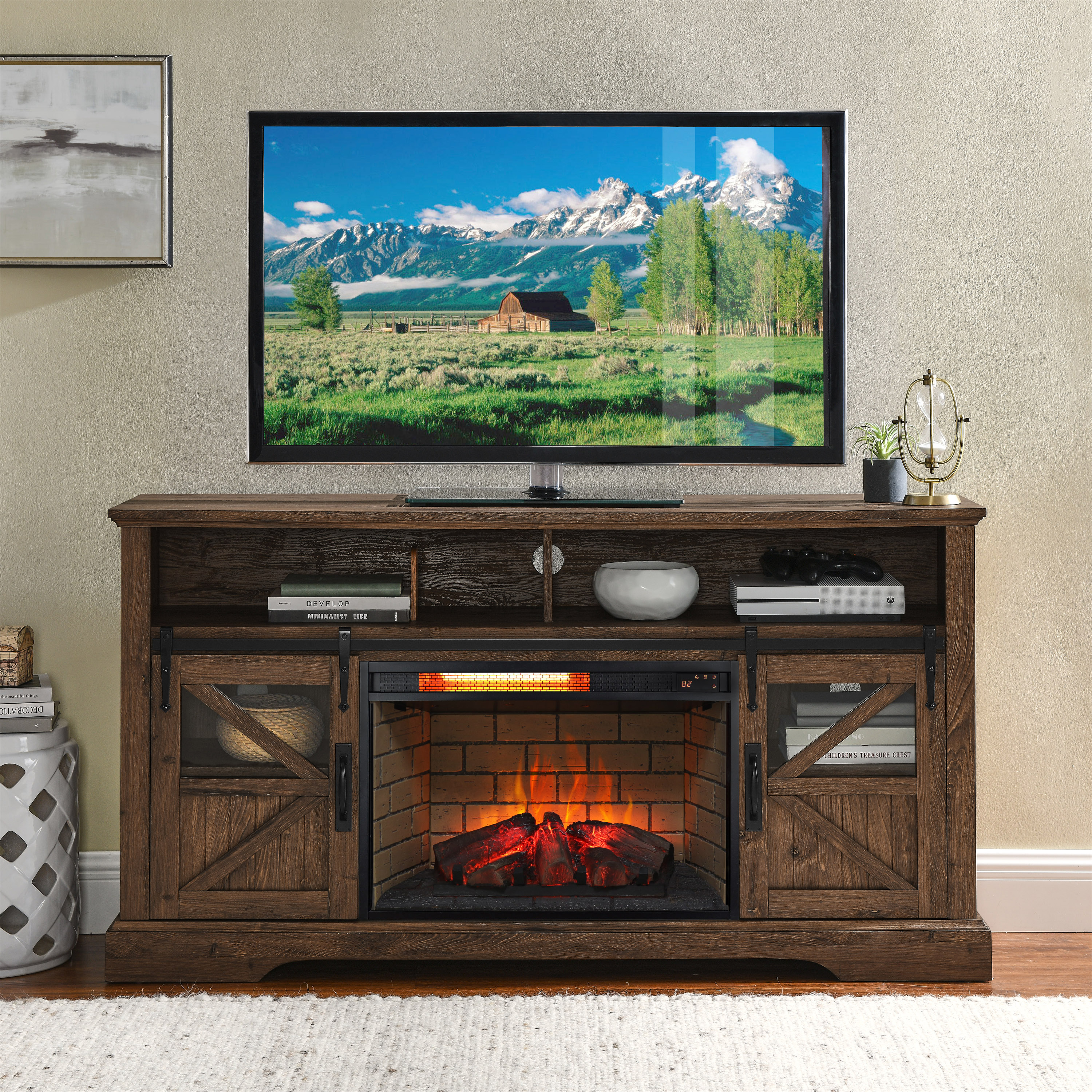 Siavonce 27.2-in W Antique Black TV Stand with Infrared quartz Electric ...