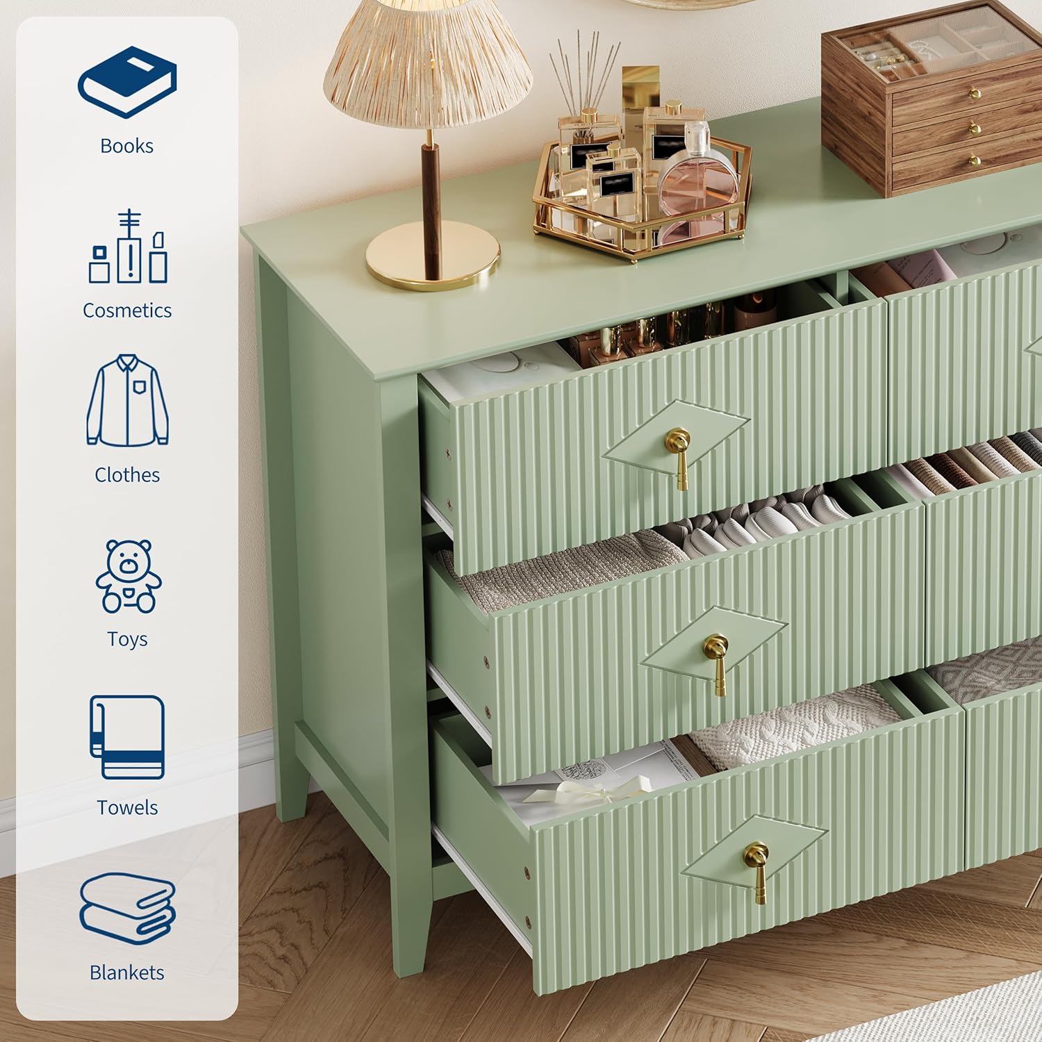 Garvee Fluted 6 Drawers Dresser for Bedroom 47.2in Wide Modern Chest of ...