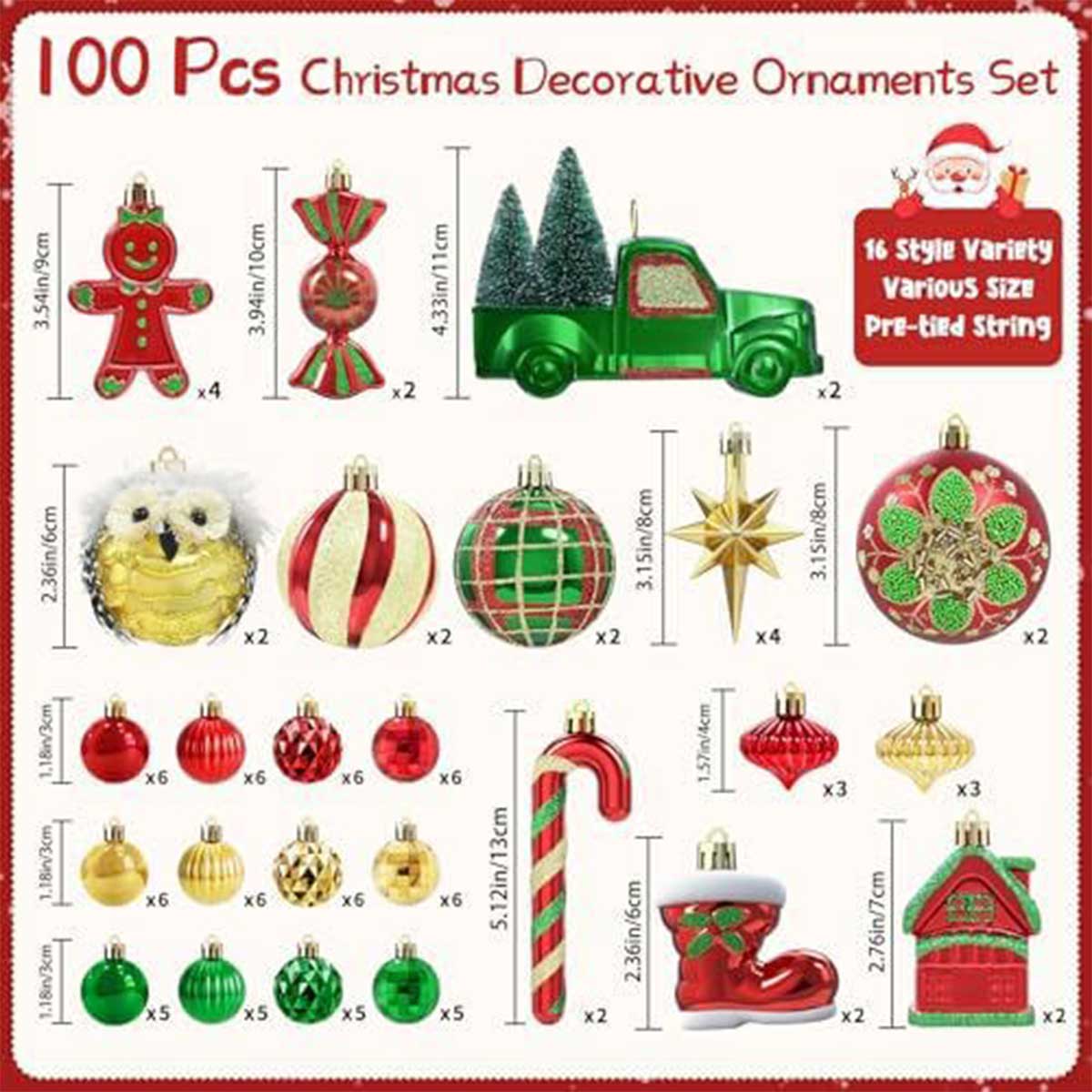 Aoibox 100 pcs Christmas Tree Ornaments Set Red Green Gold Shatterproof ...